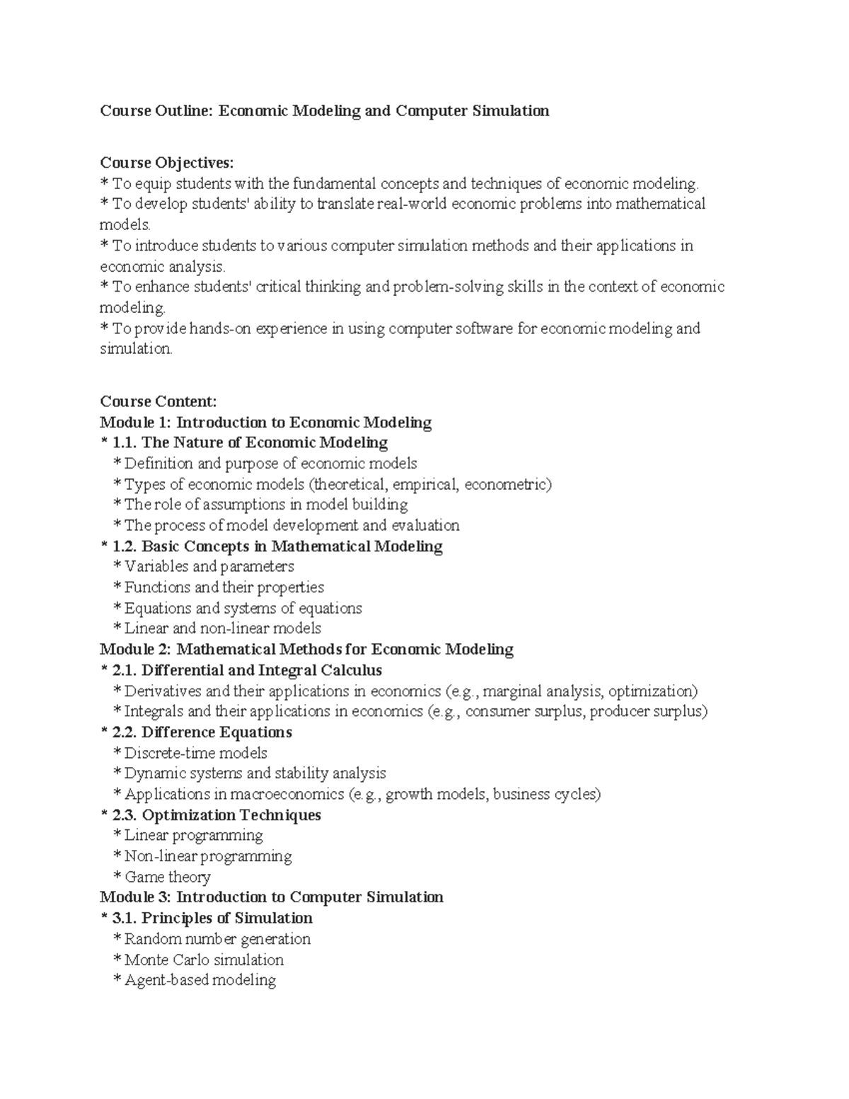 Economic Modeling & Simulation Course Outline (ECO 101) - Studocu