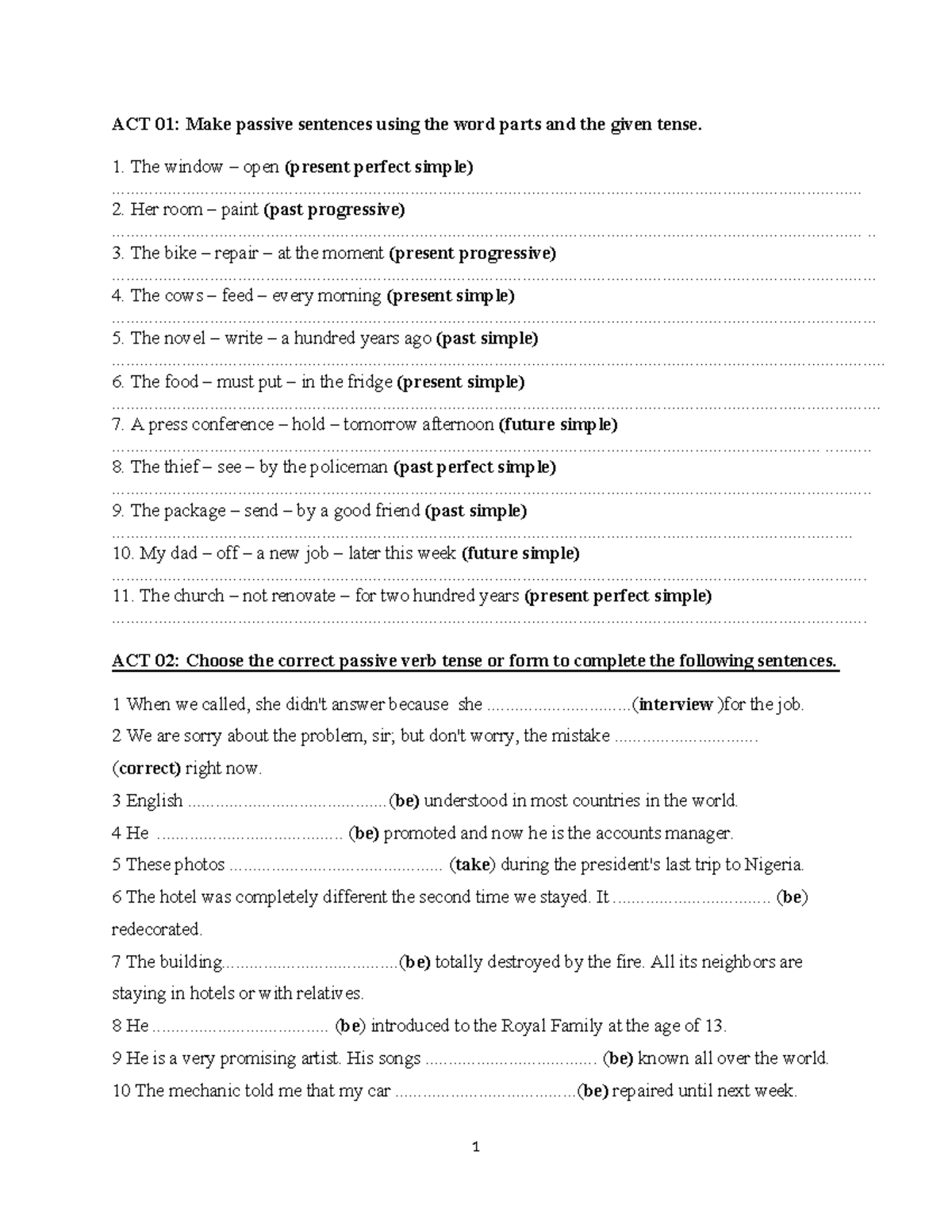 ACT Passive: Exercises on Forming Passive Sentences - Studocu