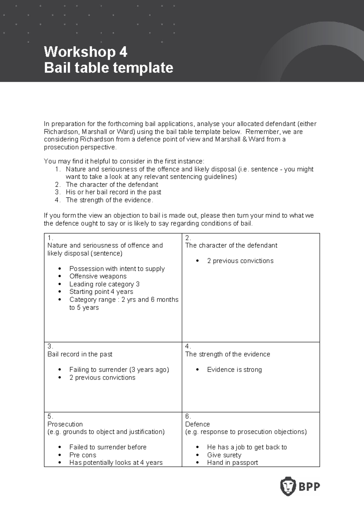 BTC Crime W4 Collaborate Bail table - Workshop 4 Bail table template In ...