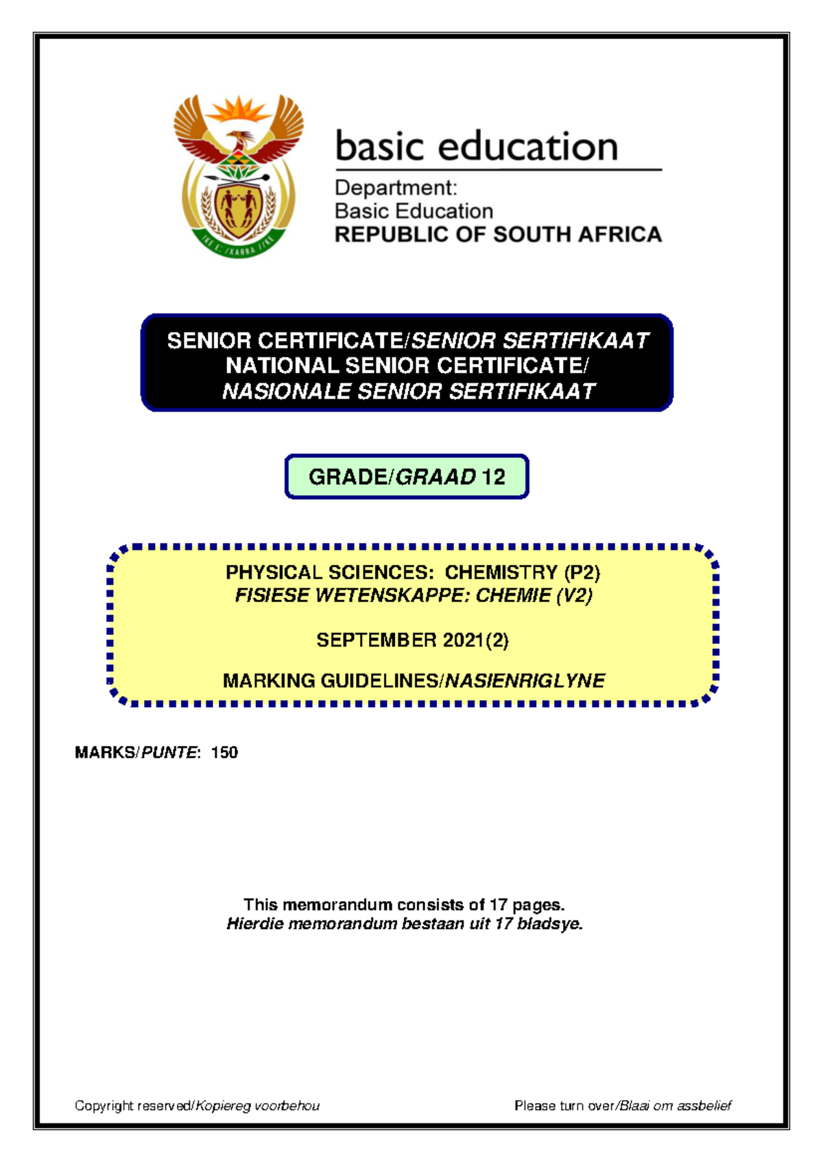 Physical Sciences P2 Chemistry Marking Memorandum Sept 2021 - Studocu