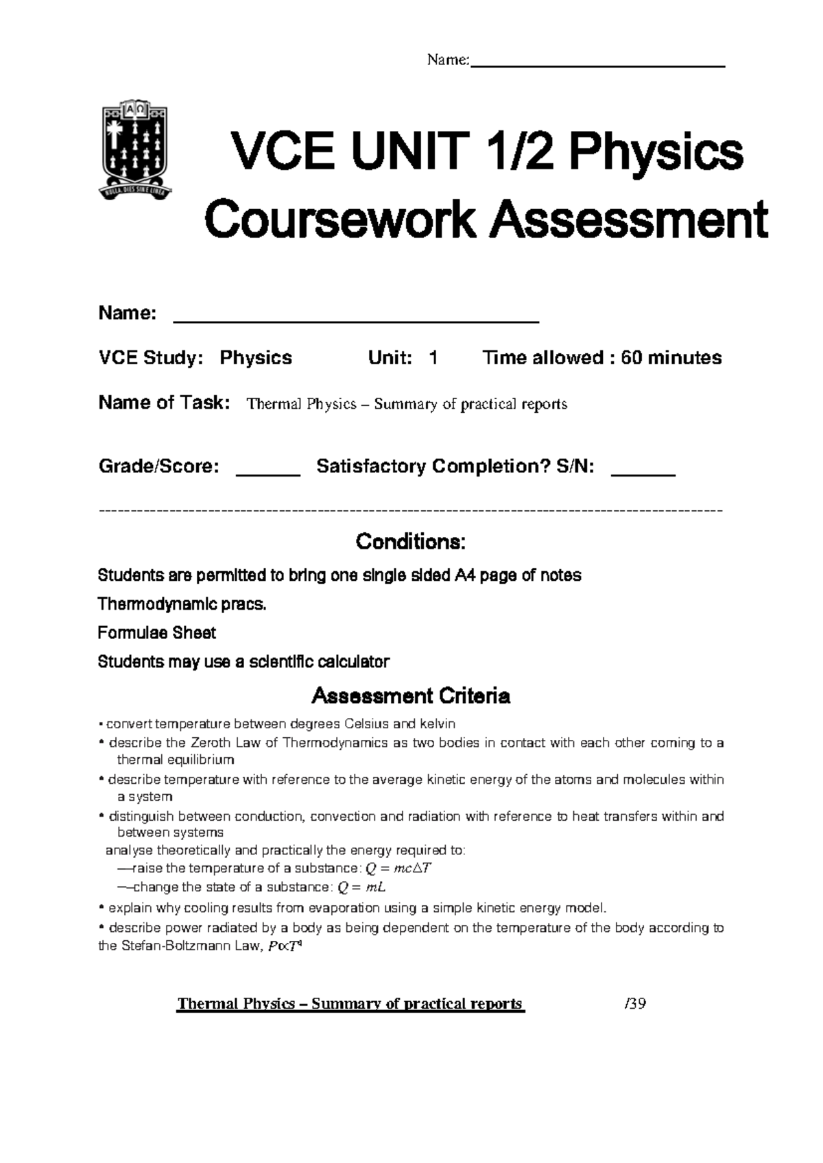 Unit 1 Thermal Physics SAC: Practical Reports & Assessment Guide - Studocu