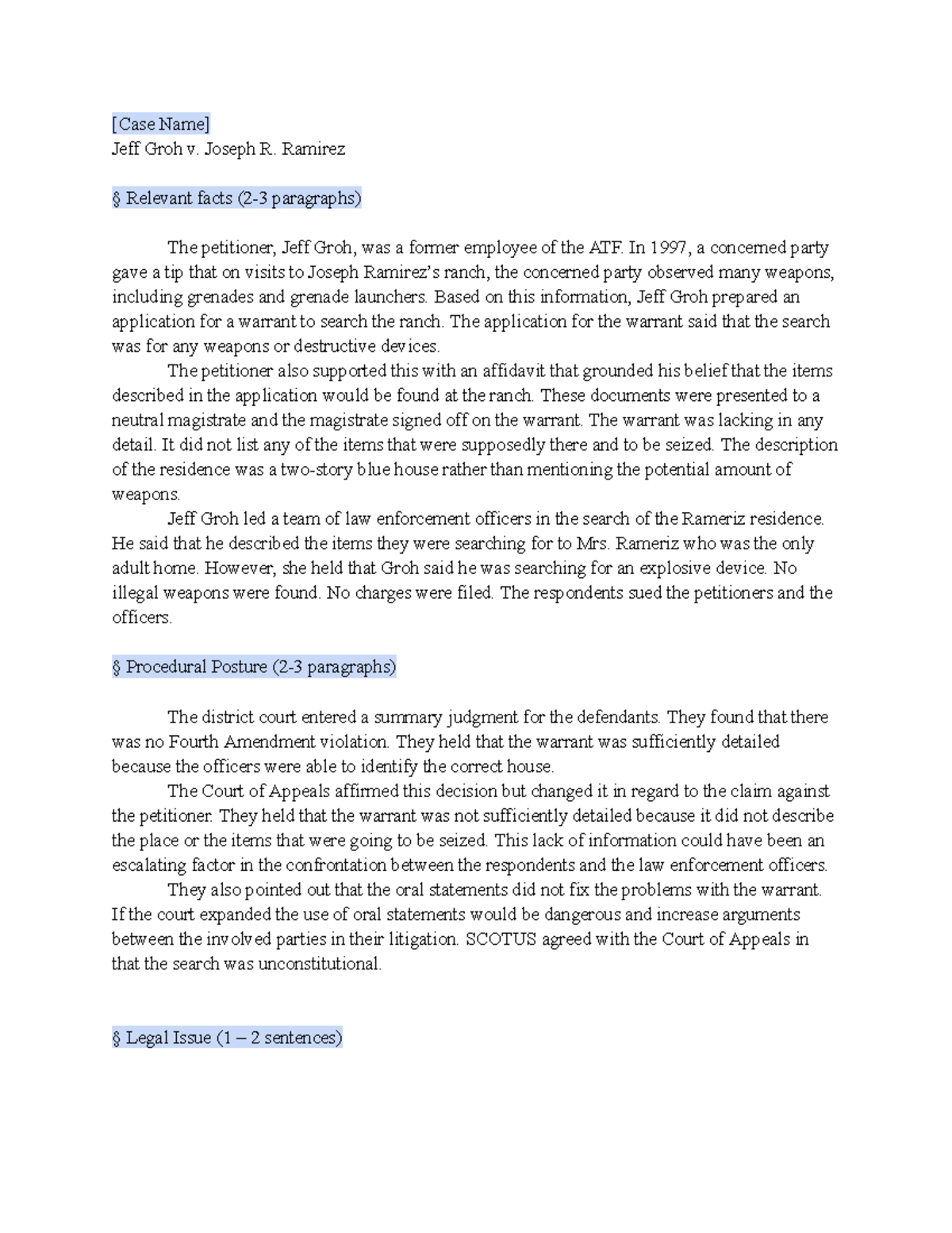 Case Brief Five: Jeff Groh v. Joseph R. Ramirez & Darin L. Muehler v ...