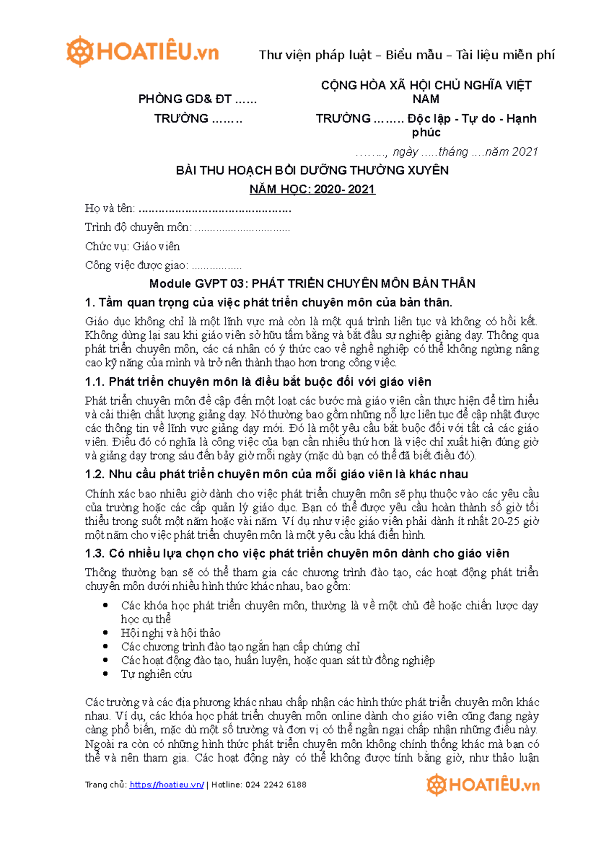 Bài thu hoạch bồi dưỡng thường xuyên - Module GVPT 03 - Studocu