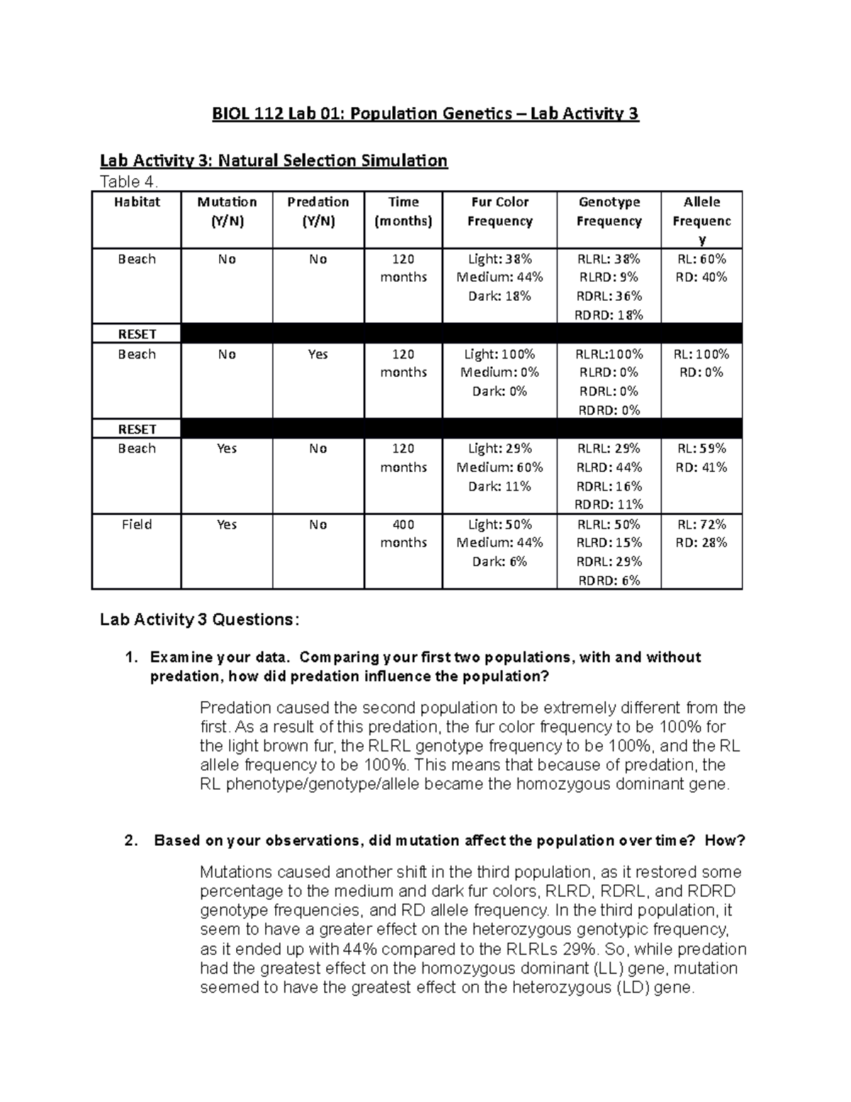 Lab 01- Population Genetics – Lab Activity 3 - Habitat Mutation (Y/N) Predation (Y/N) Time ...
