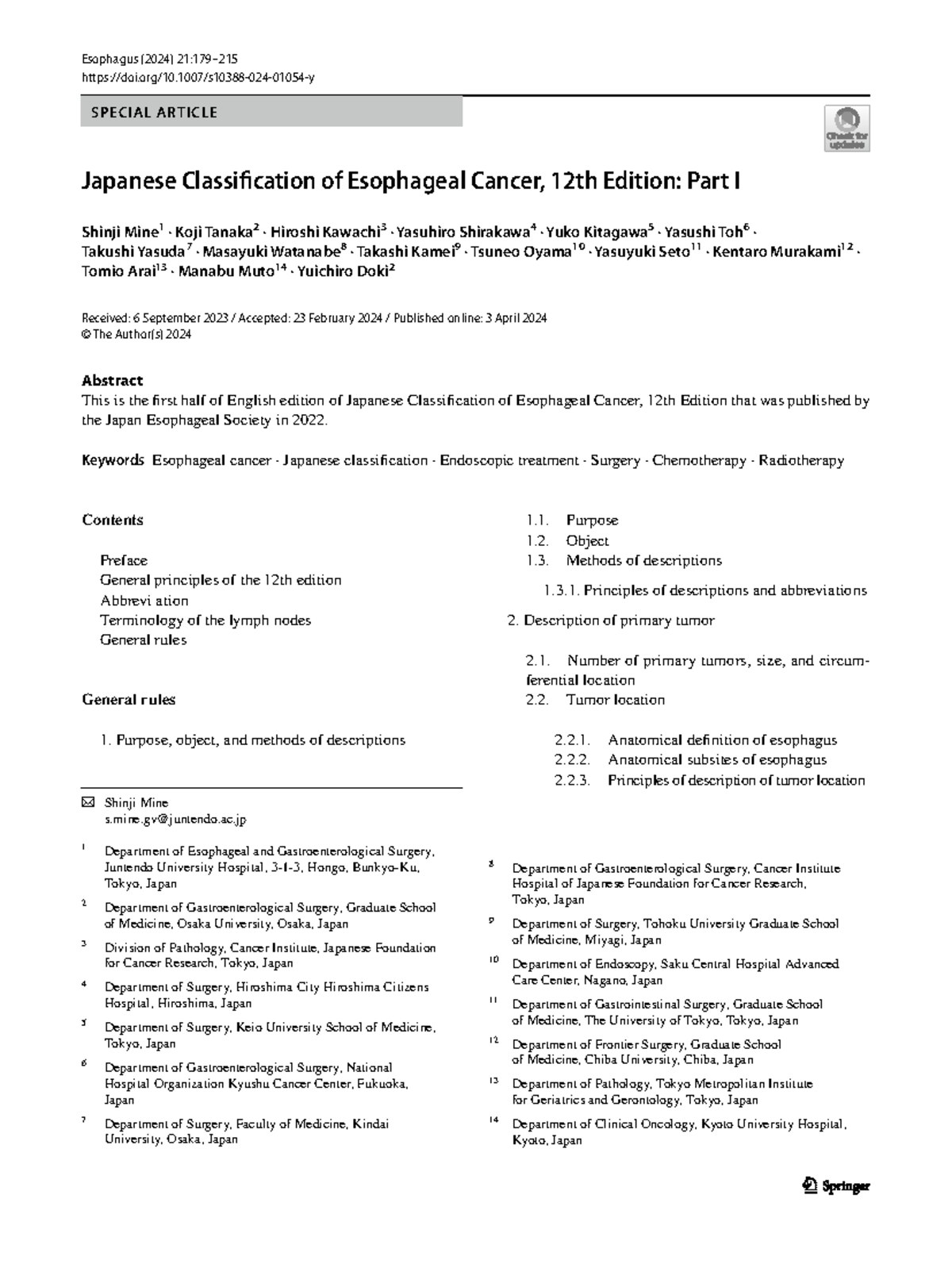 Japanese Classification of Esophageal Cancer, 12th Ed: Part I (2024 ...