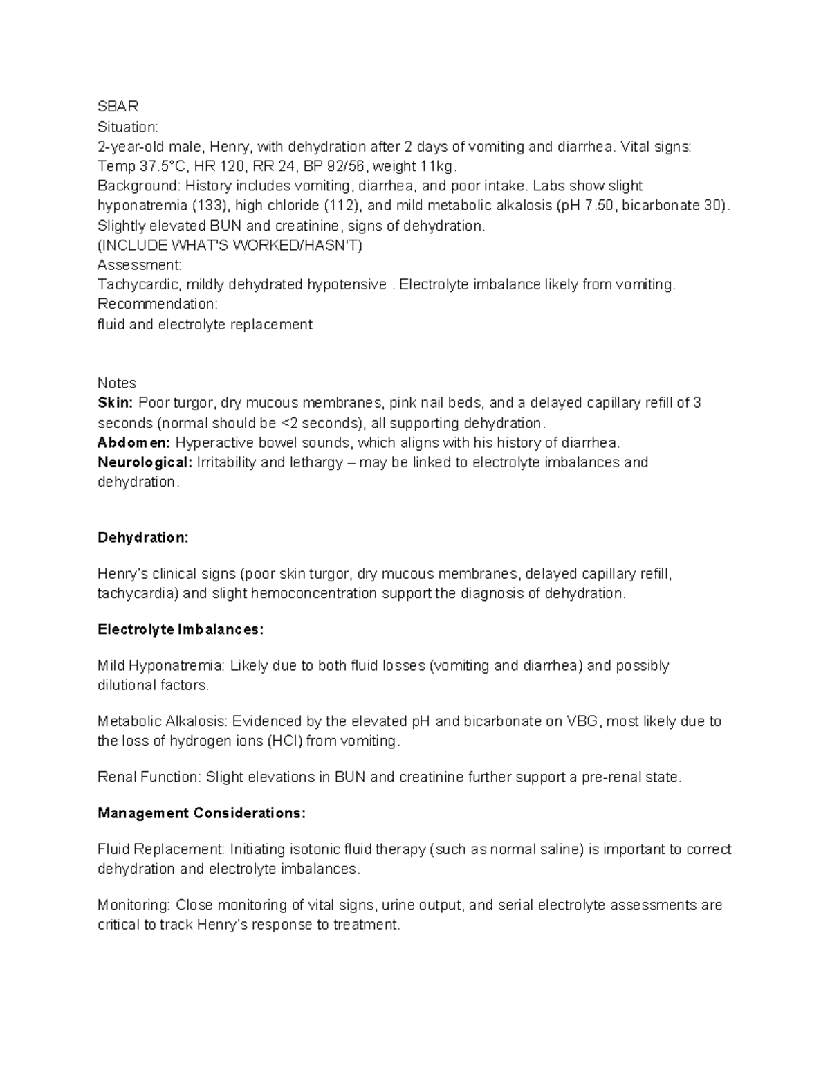 Henry's SBAR Case Study: Pediatric Dehydration Assessment & Management ...