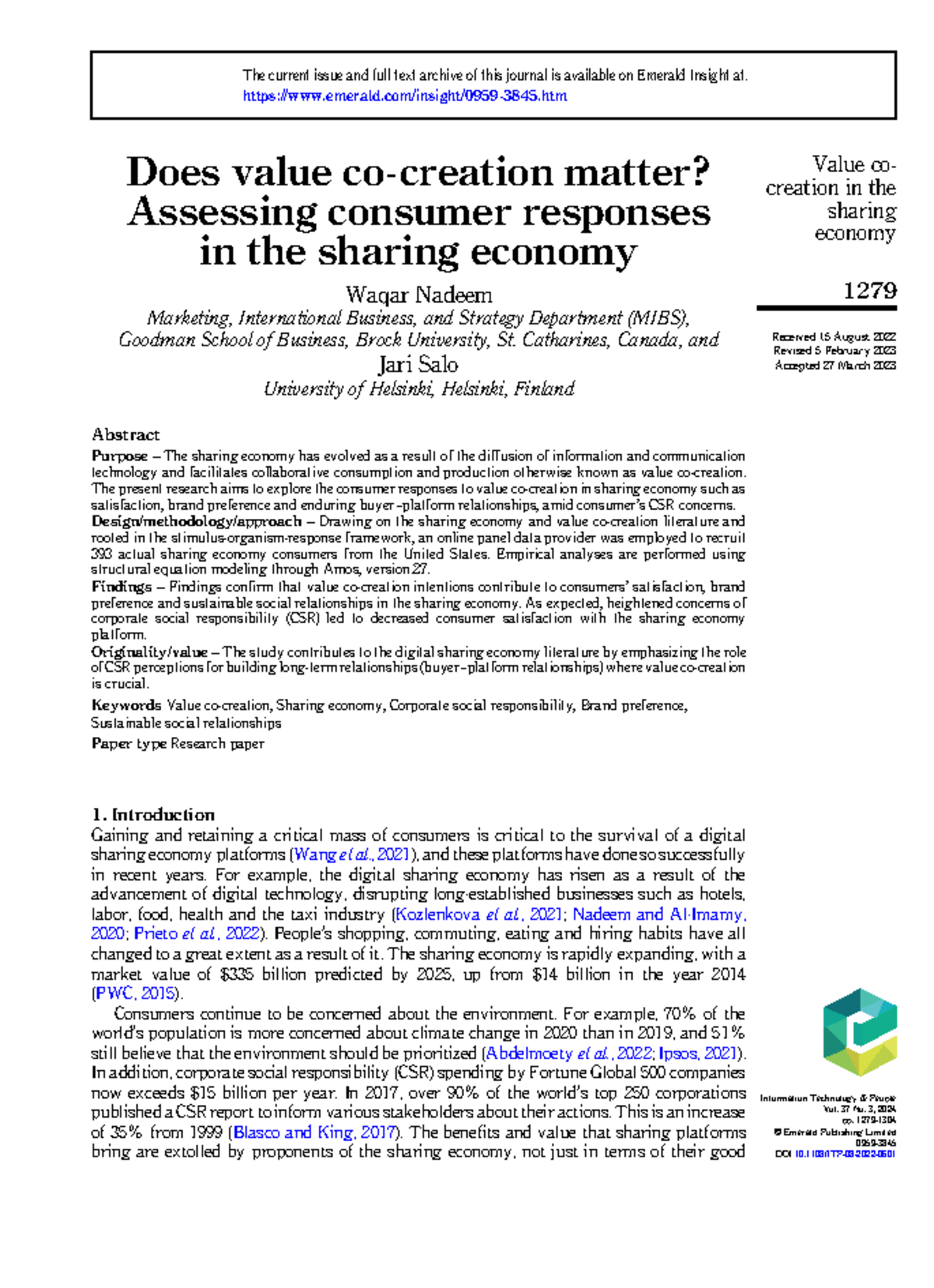 Value Co-Creation in the Sharing Economy: Consumer Responses and CSR ...
