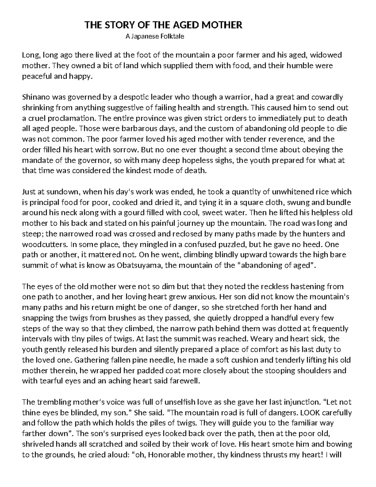 THE STORY OF THE AGED MOTHER: A Japanese Folktale (ENG 101) - Studocu