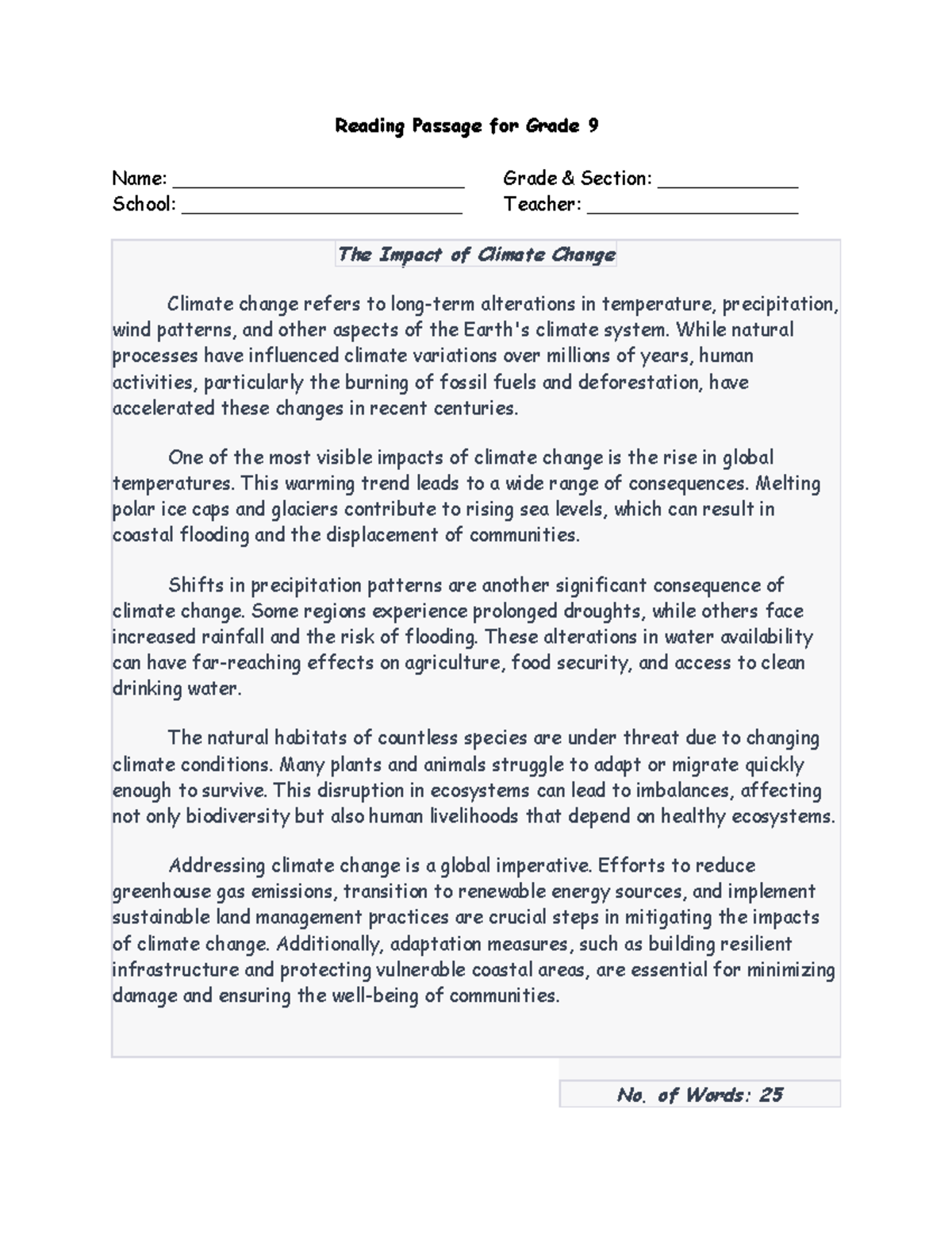 Grade 9 English DLL - Climate Change & Resilience Comprehension Notes ...