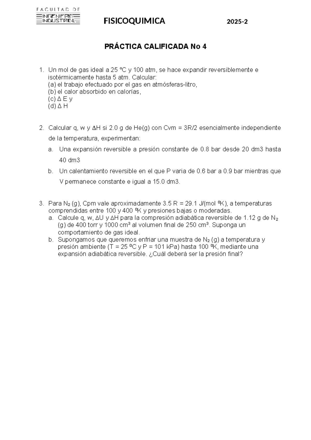 Práctica Calificada No 4 - FQ 2025-2: Expansión y Compresión de Gases Ideales - Studocu