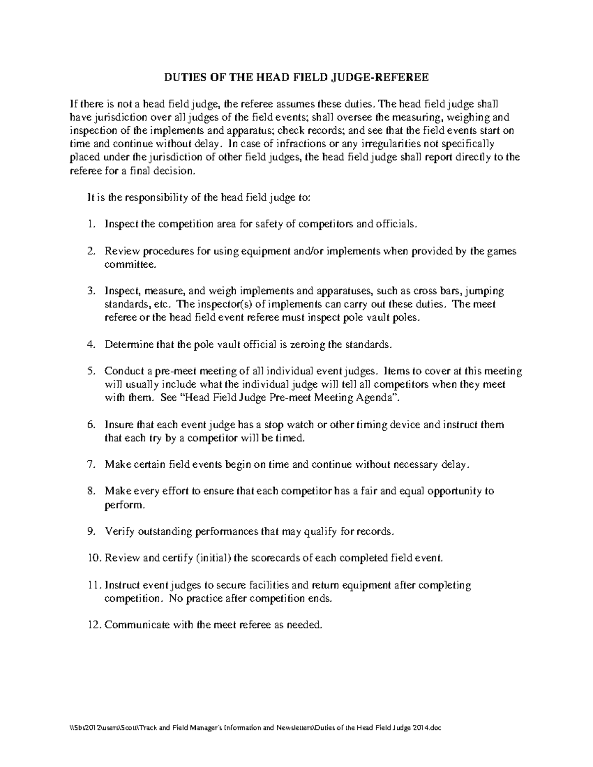 DUTIES OF THE HEAD FIELD JUDGE (2014) - Studocu