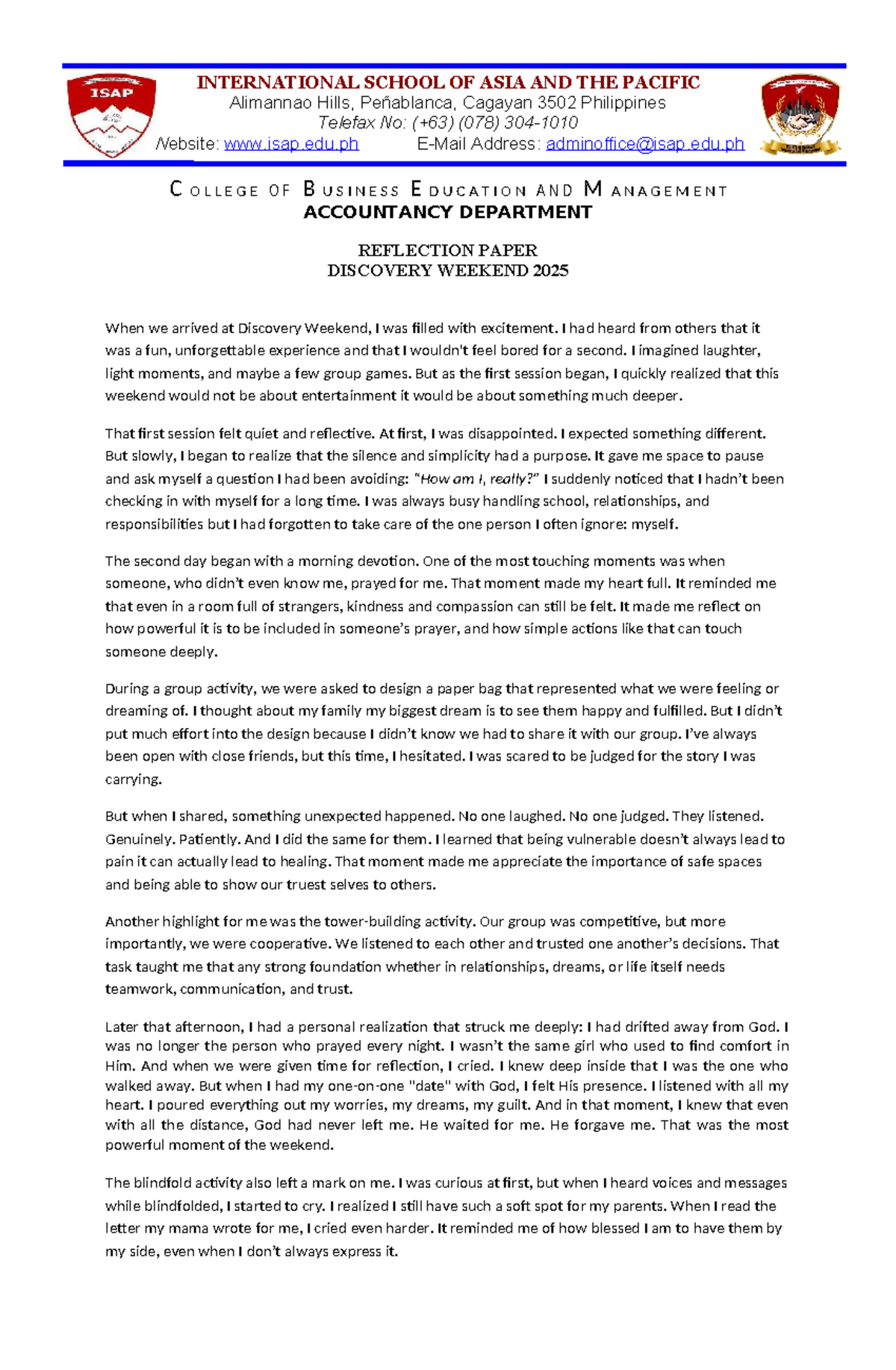 Reflection Paper: Discovery Weekend 2025 - CBE 101 - Studocu