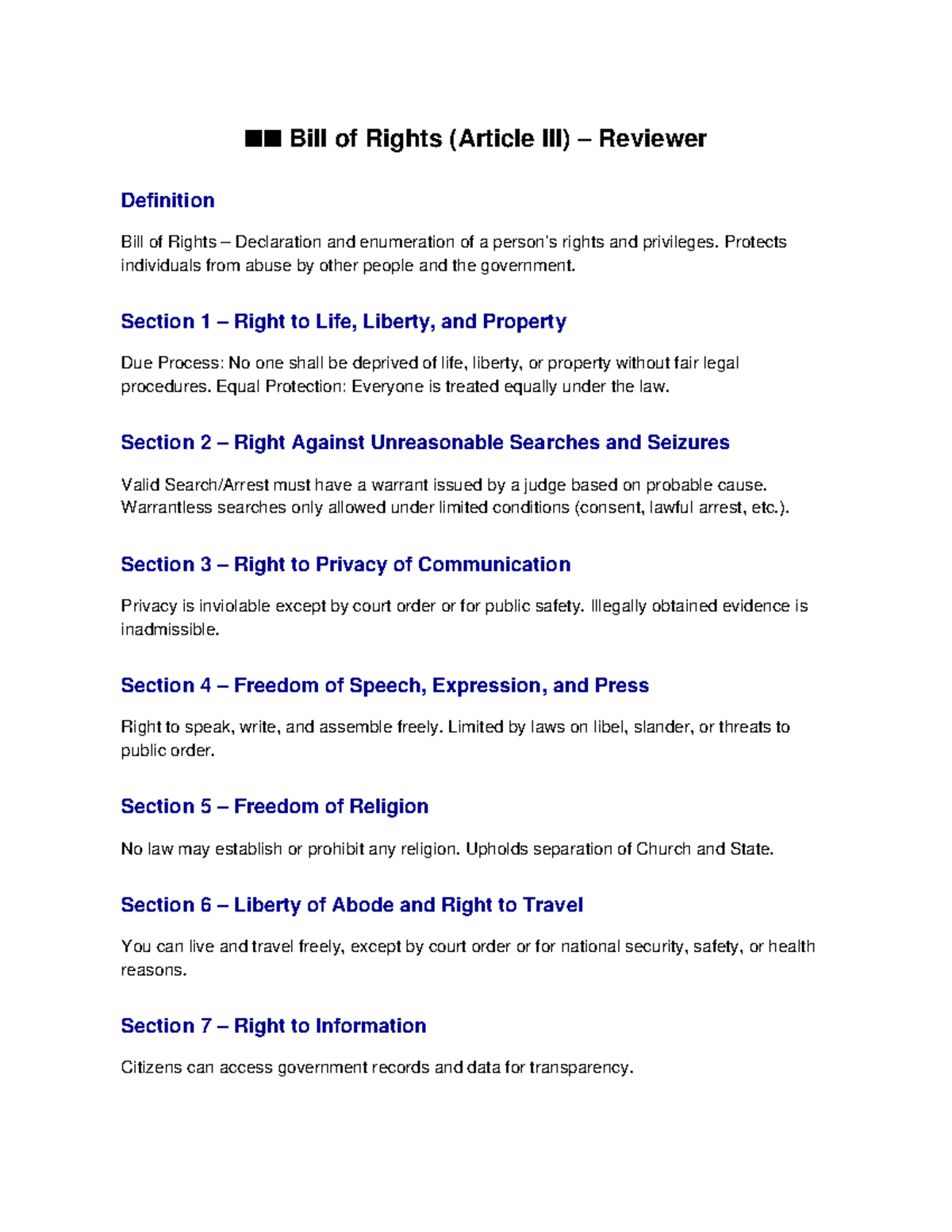 Bill of Rights Overview: Key Sections and Protections - Studocu