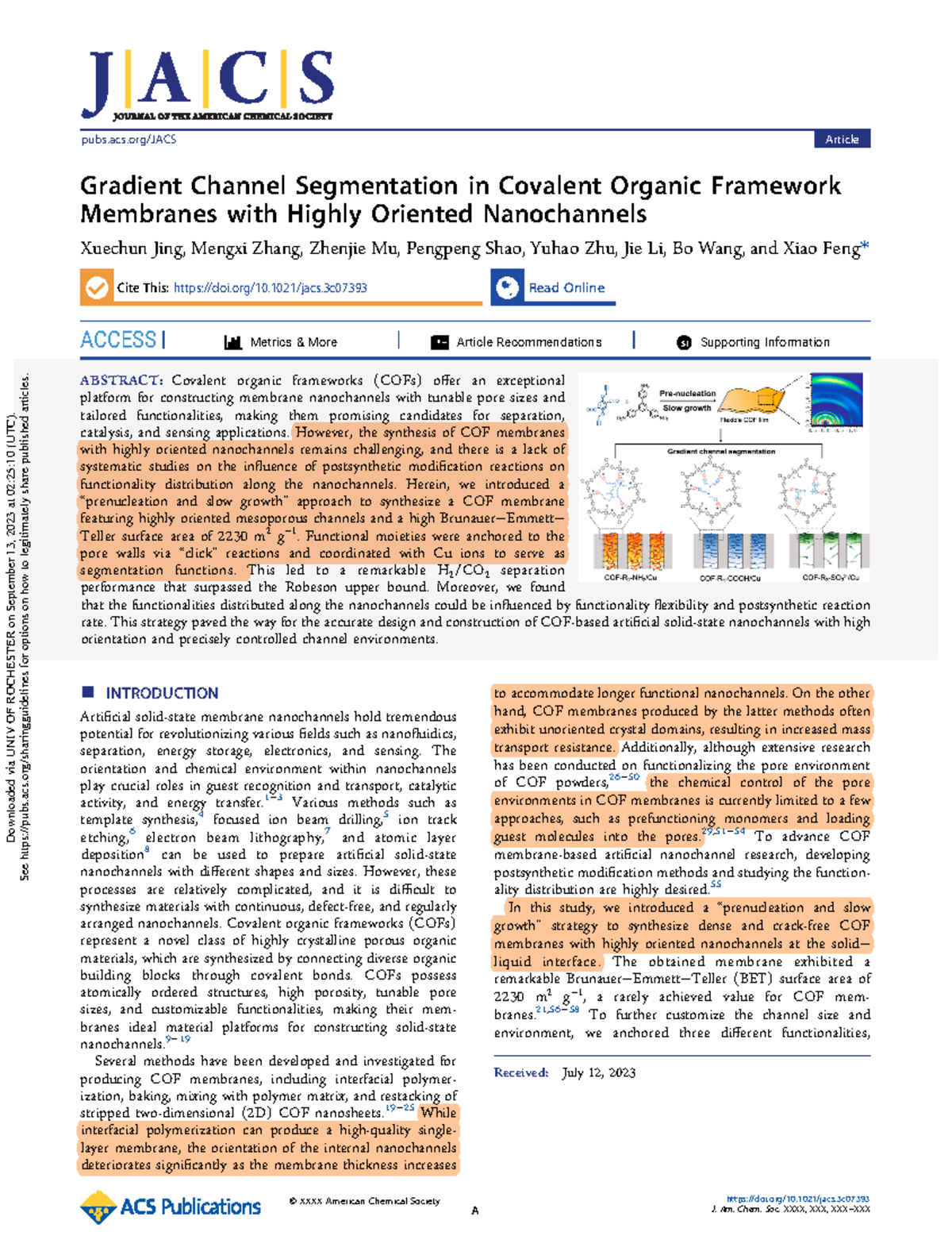 Gradient Channel Segmentation in COF Membranes for H2/CO2 Separation ...
