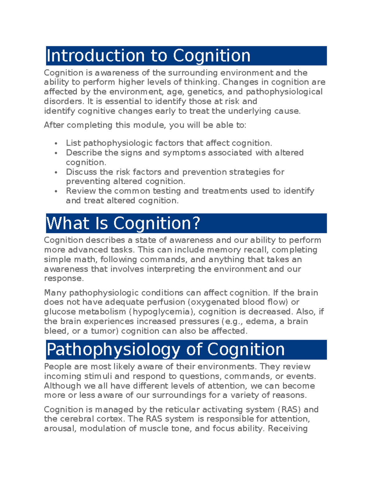NR 283 - Unit 3: Understanding Cognition and Its Alterations - Studocu