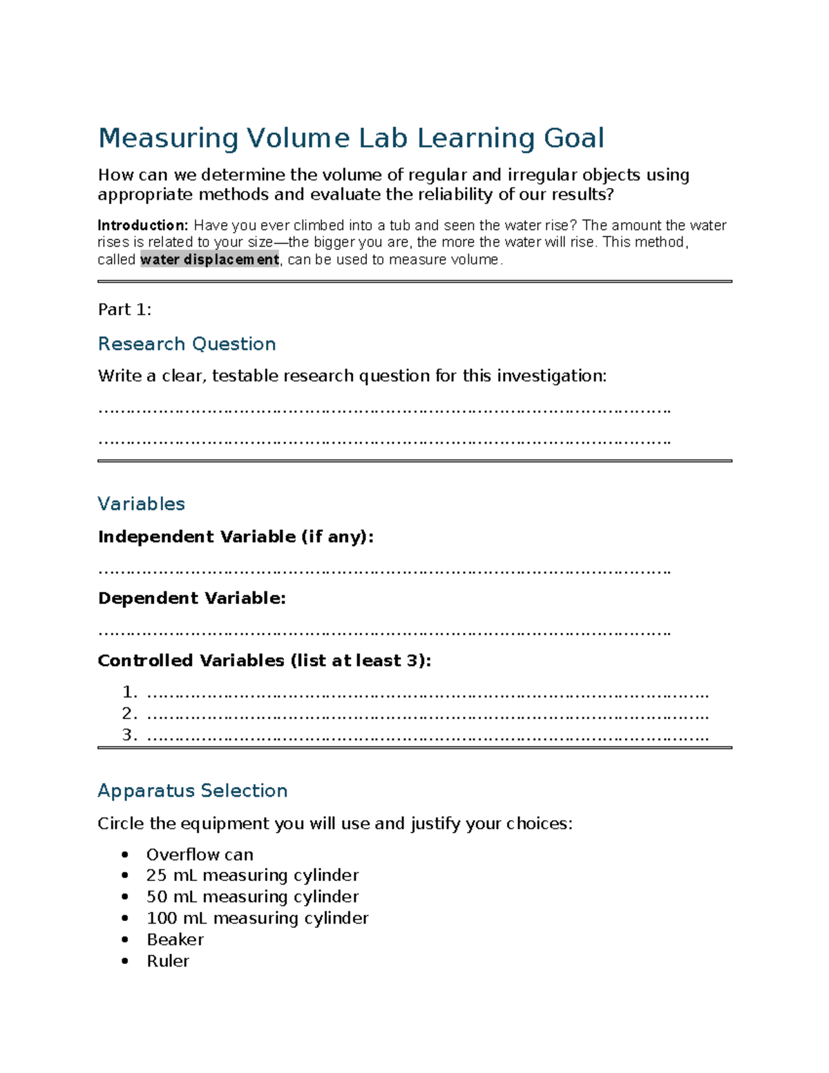 Measuring Volume Lab Worksheet (MYP Criteria B & C) - Studocu