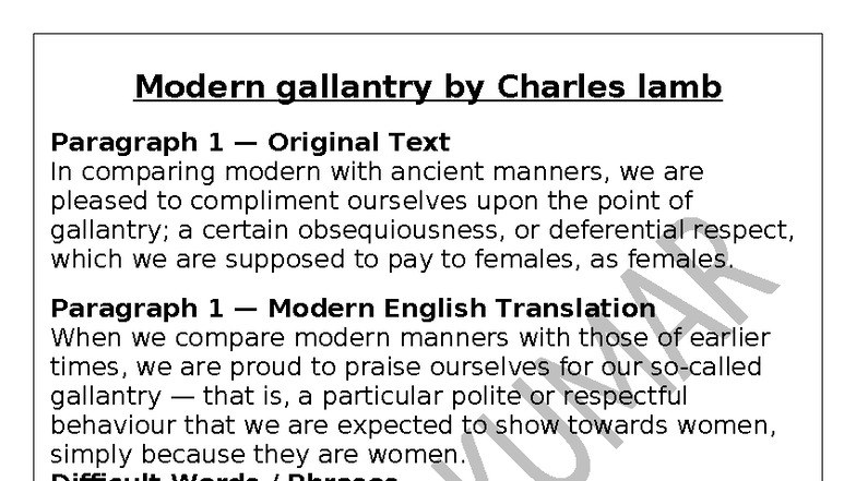 Modern Gallantry Analysis - Charles Lamb (ENG 101) - Studocu