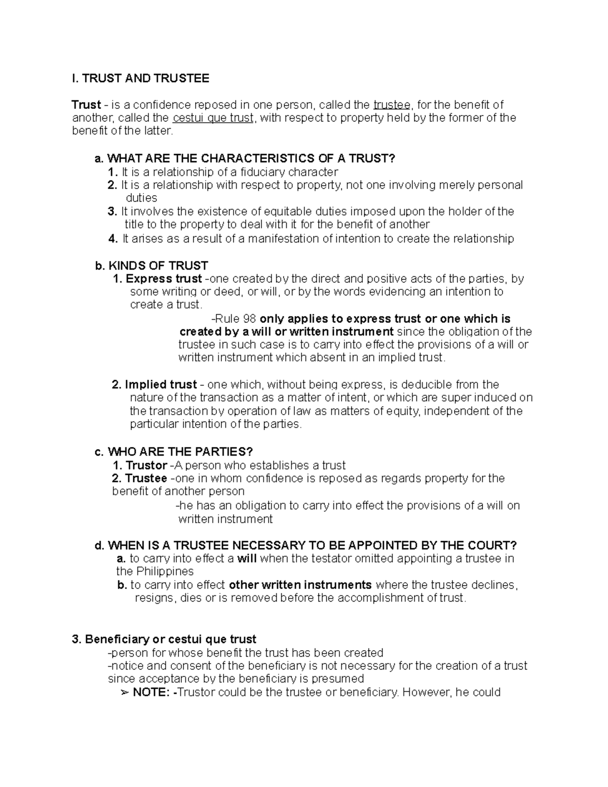 Trust and Trustee Notes for Law Course BL101 - Studocu