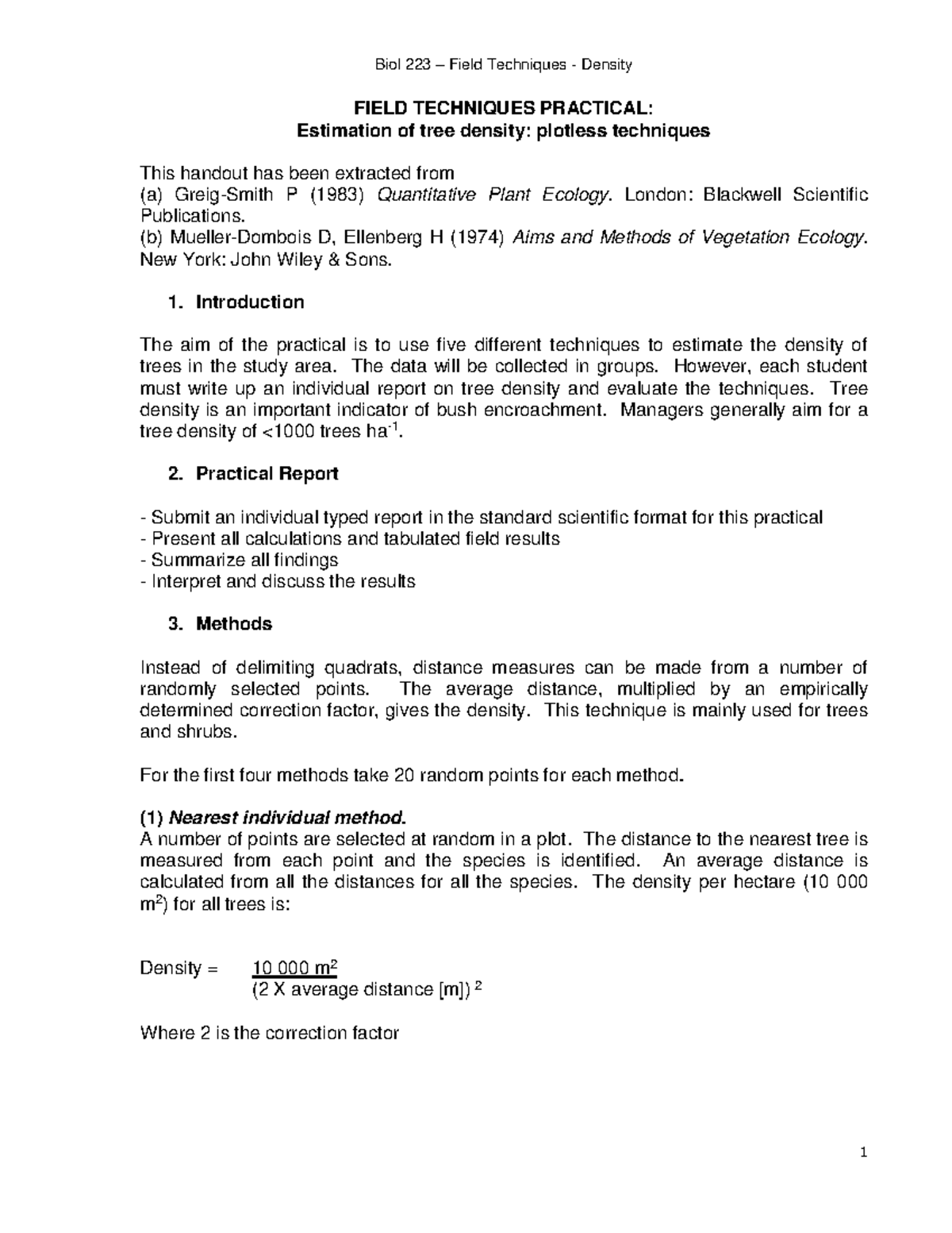 Biol 223 Field Techniques - Tree Density Estimation Methods - FIELD ...