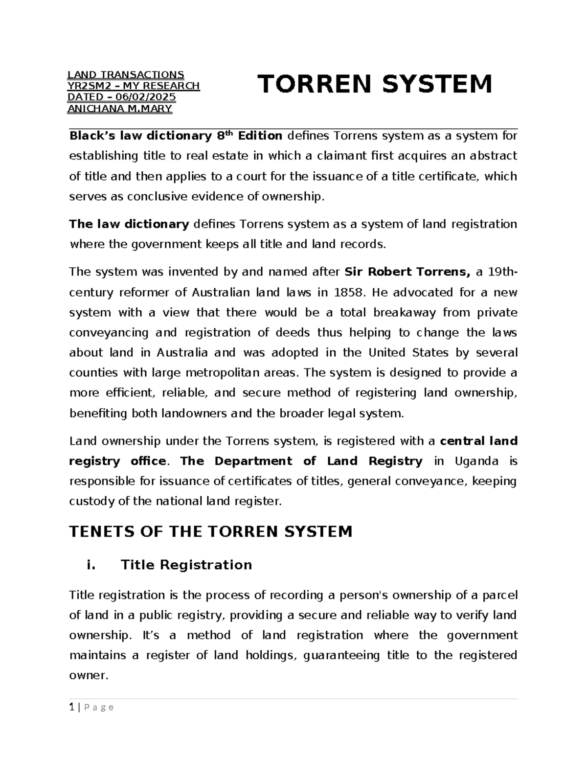 Torrens System: A Comprehensive Study on Land Transactions YR2SM2 - Studocu