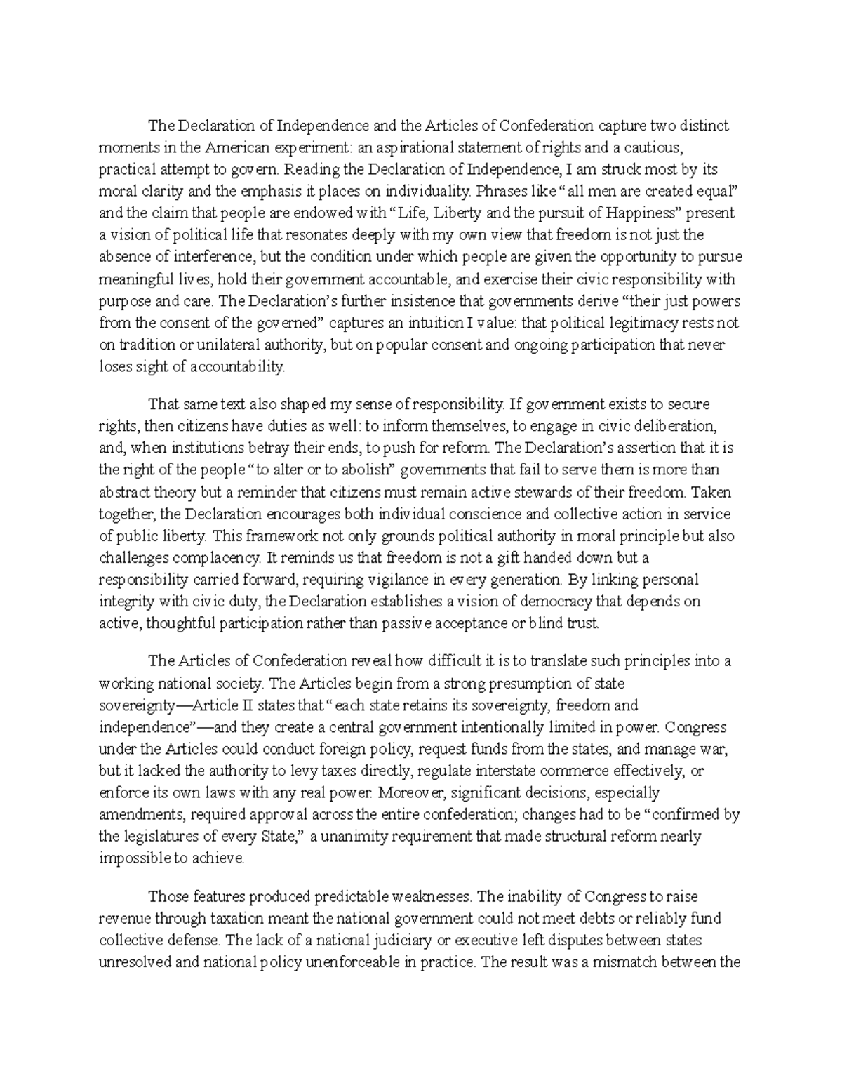 Unit 3 Essay: The Declaration of Independence vs. Articles of ...