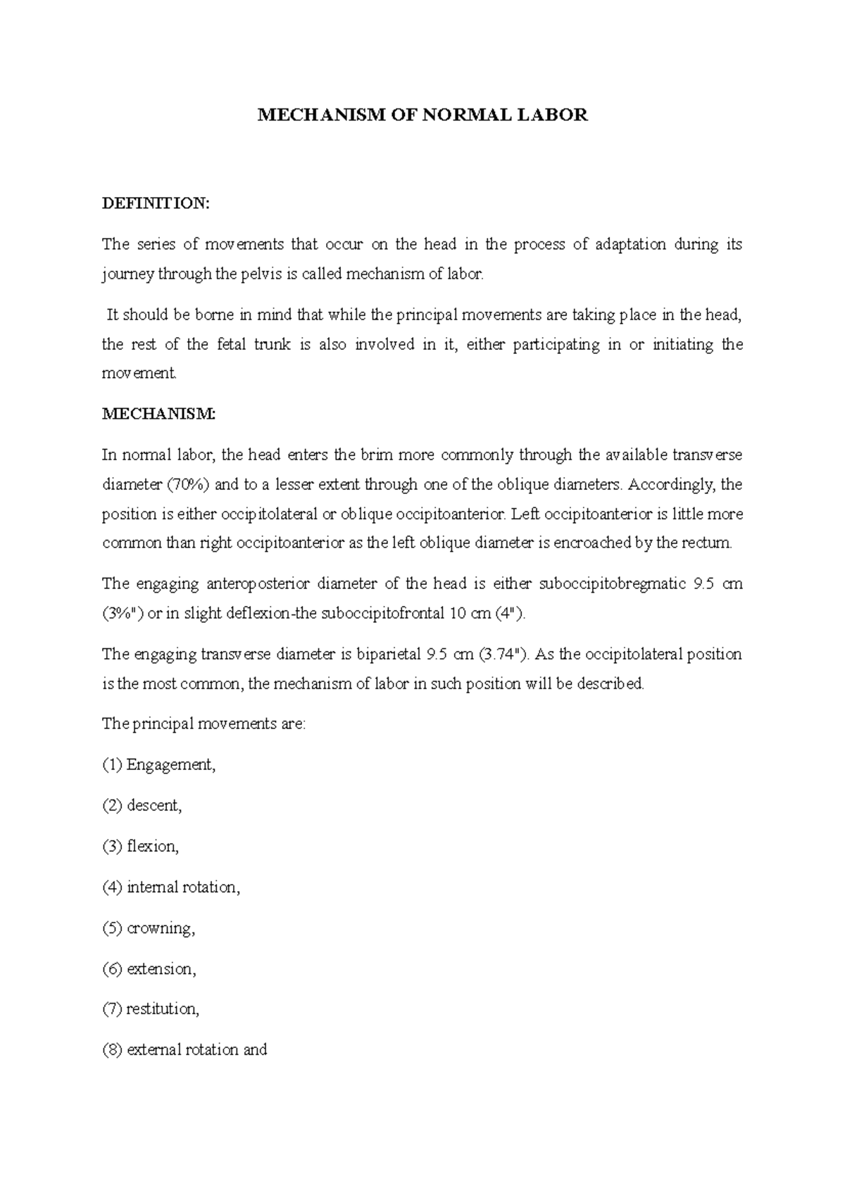 Mechanism of Normal Labor: Understanding the Labor Process - Studocu
