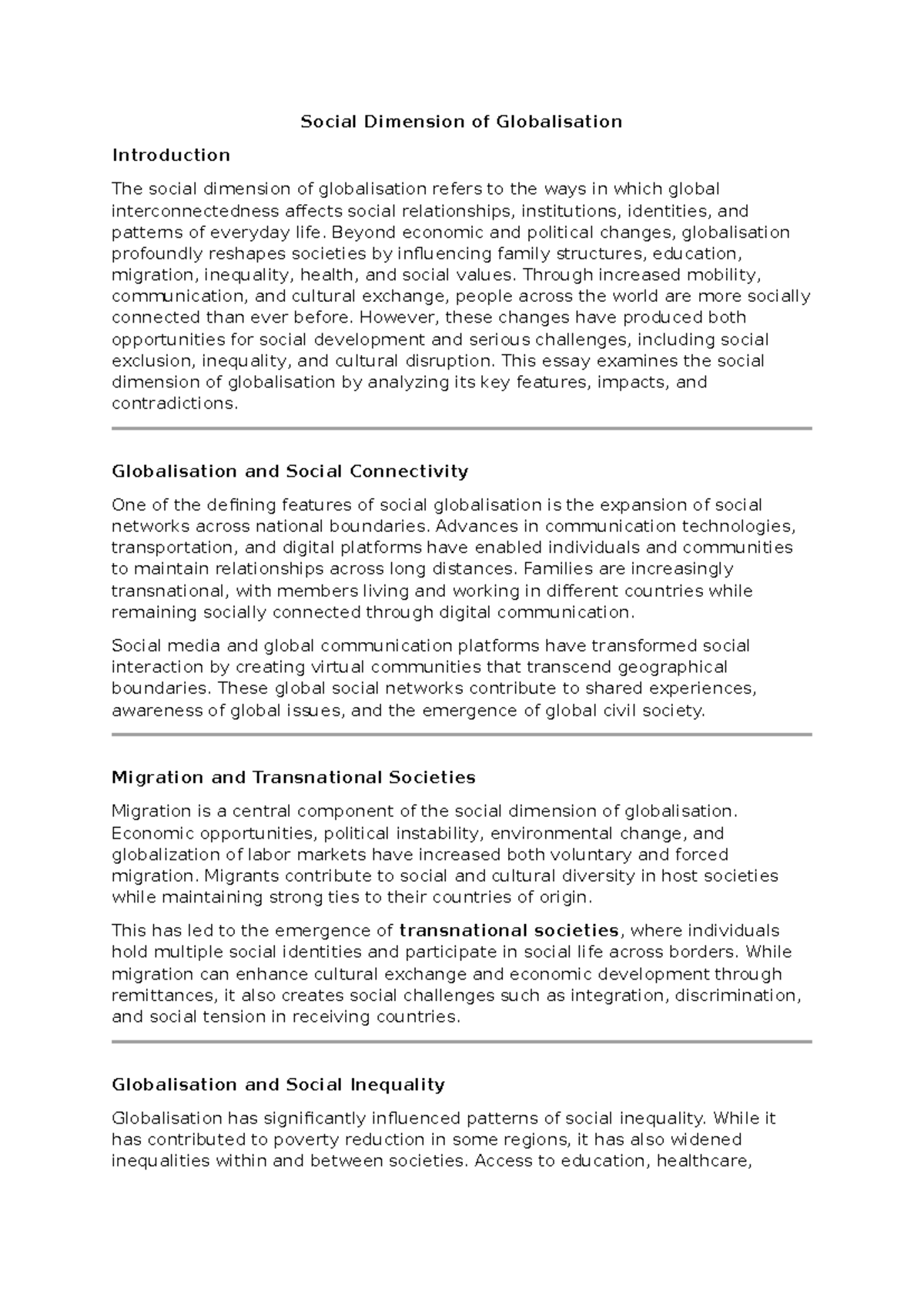 Social Dimension of Globalisation: Key Features and Impacts - Studocu