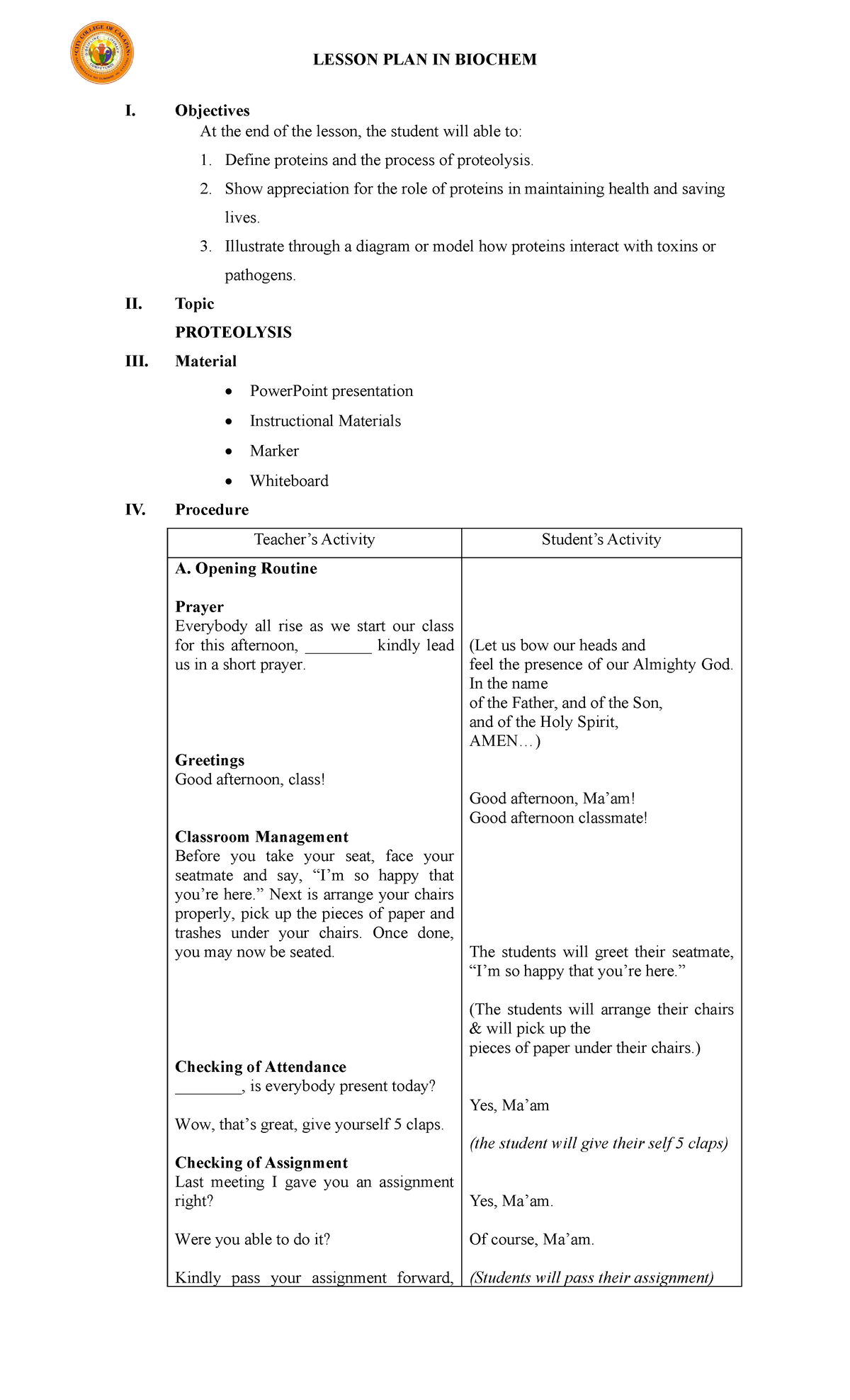 LESSON PLAN IN BIOCHEM I: Proteins and Proteolysis Activities - Studocu
