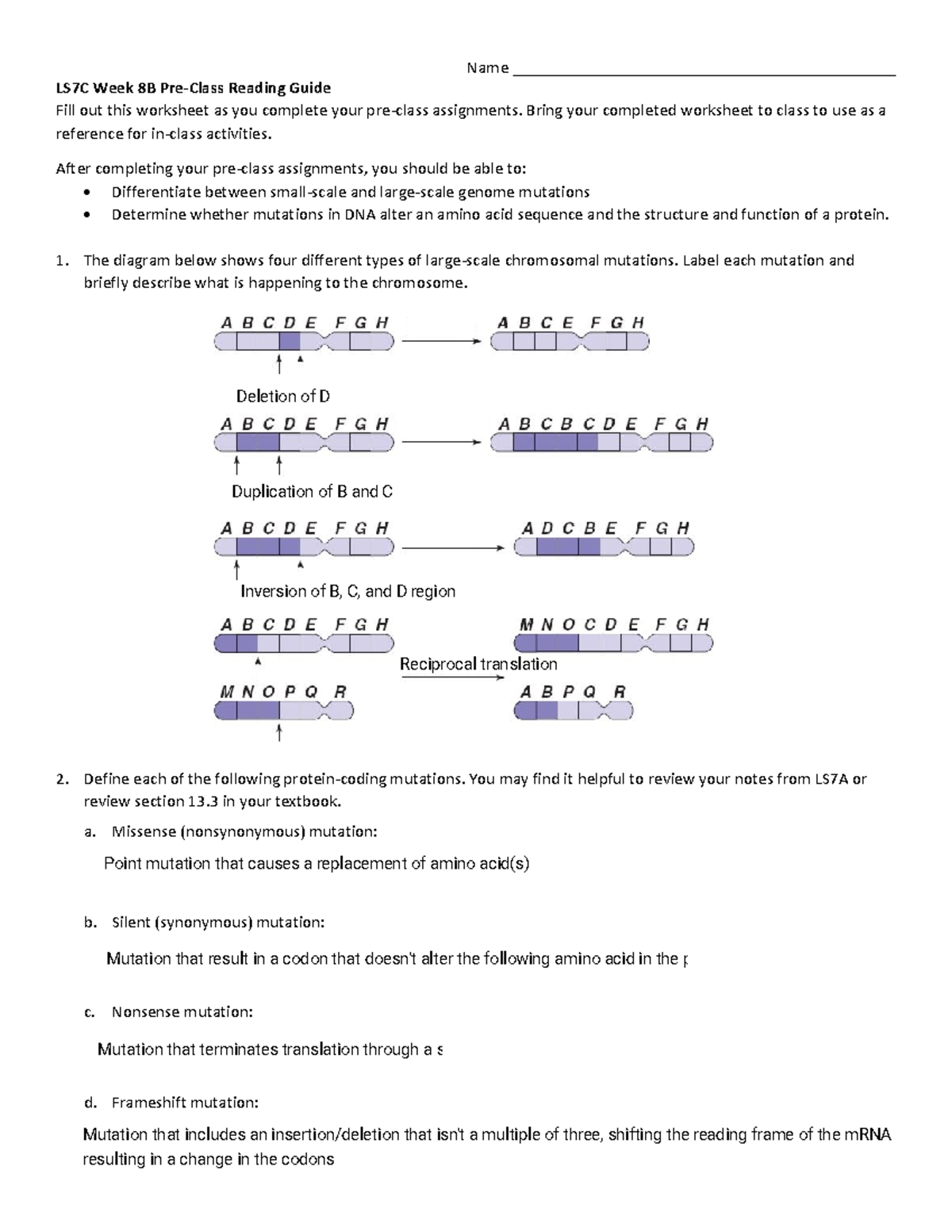 LS7C Week 8B Pre-Class Reading Guide on Chromosomal Mutations - Studocu