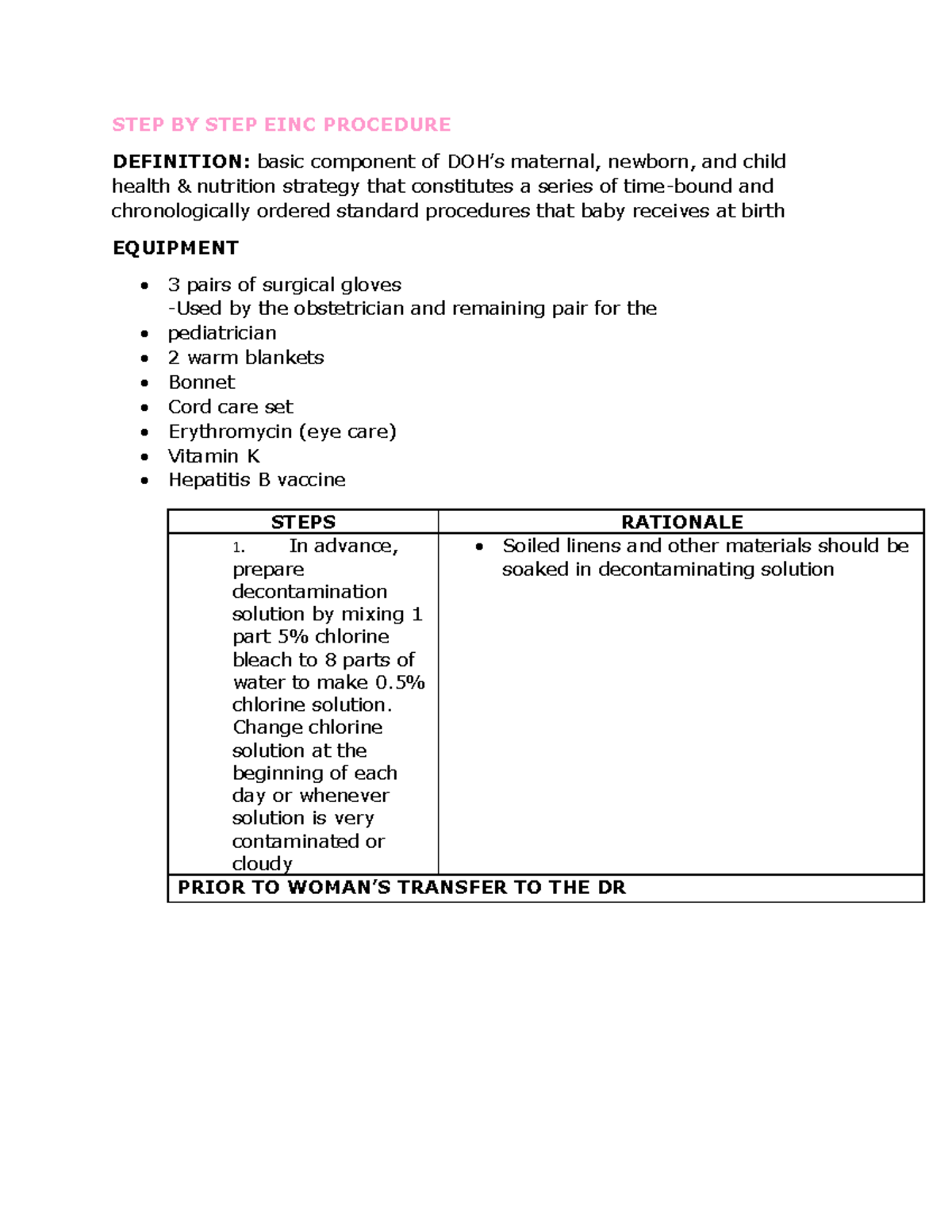 PRS EINC Step-by-Step Procedure for Maternal & Newborn Care - Studocu