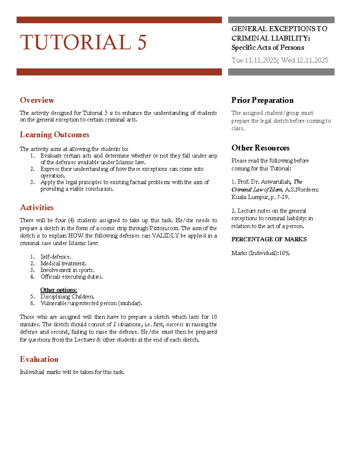 TUTORIAL 5: GENERAL EXCEPTIONS TO CRIMINAL LIABILITY (SEM I 25-26 ...