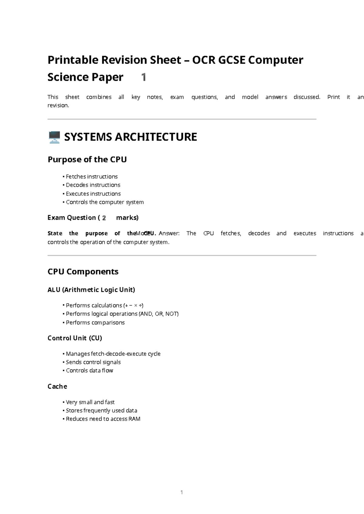 Revision Sheet - OCR GCSE Computer Science Key Notes & Exam Prep - Studocu