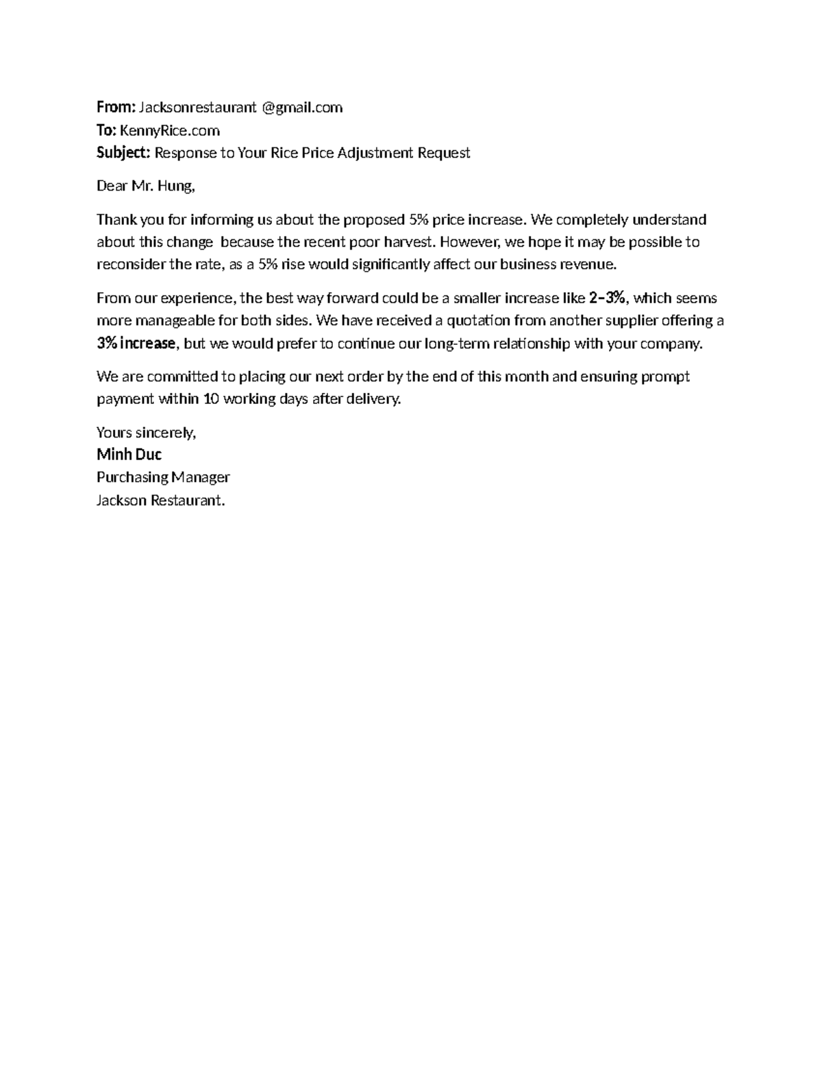 Response to Rice Price Adjustment Request - Writing Unit 6 - 111 - Studocu