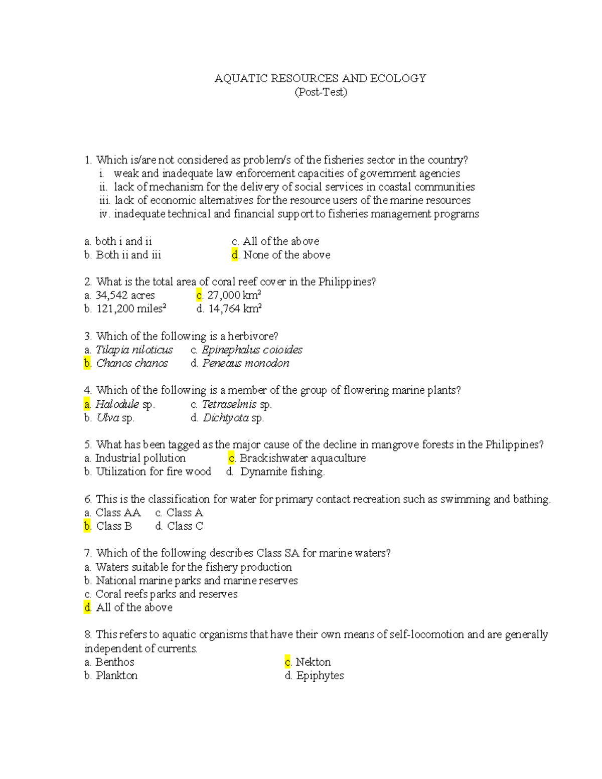Rev UP - sample exam - AQUATIC RESOURCES AND ECOLOGY (Post-Test) Which ...