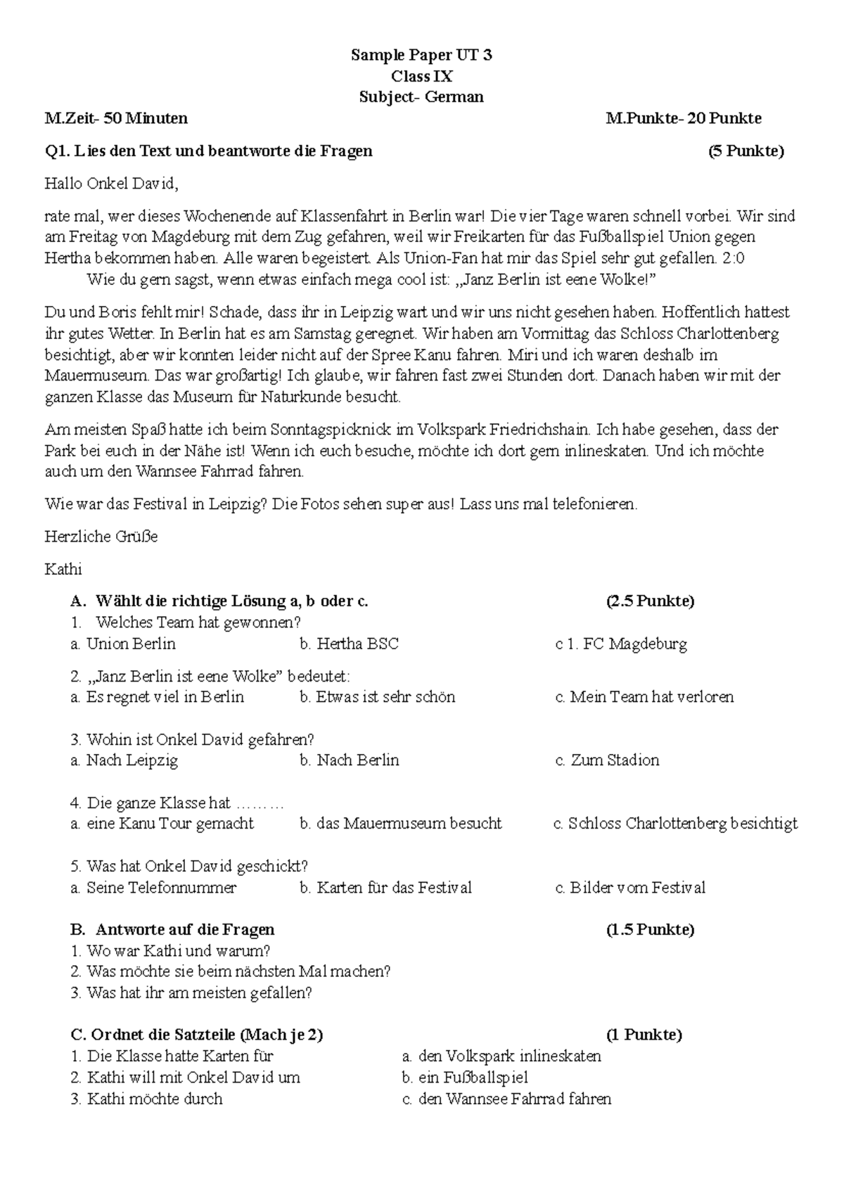 Sample Paper UT 3 Class IX German: Klassenfahrt Berlin Q1-Q3 - Studocu