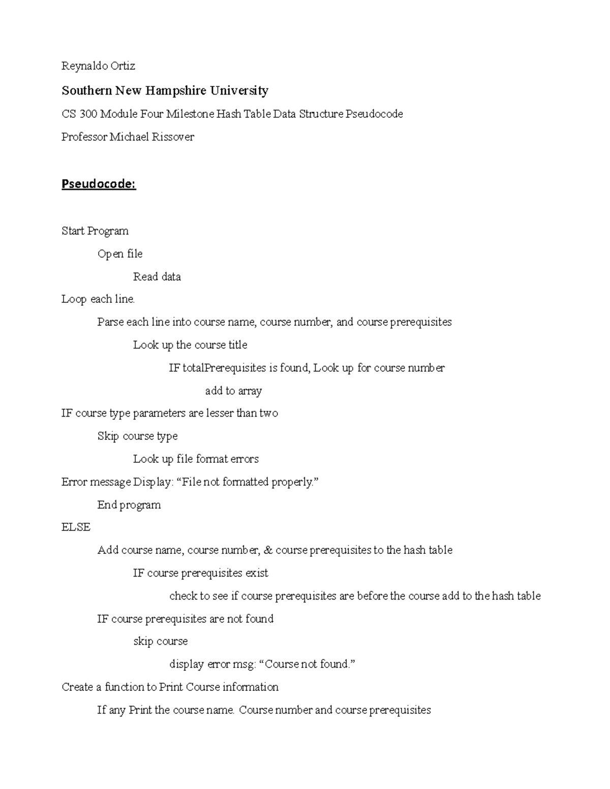 Module Four Milestone Hash Table Data Structure Pseudocode - Parse each line into course name ...