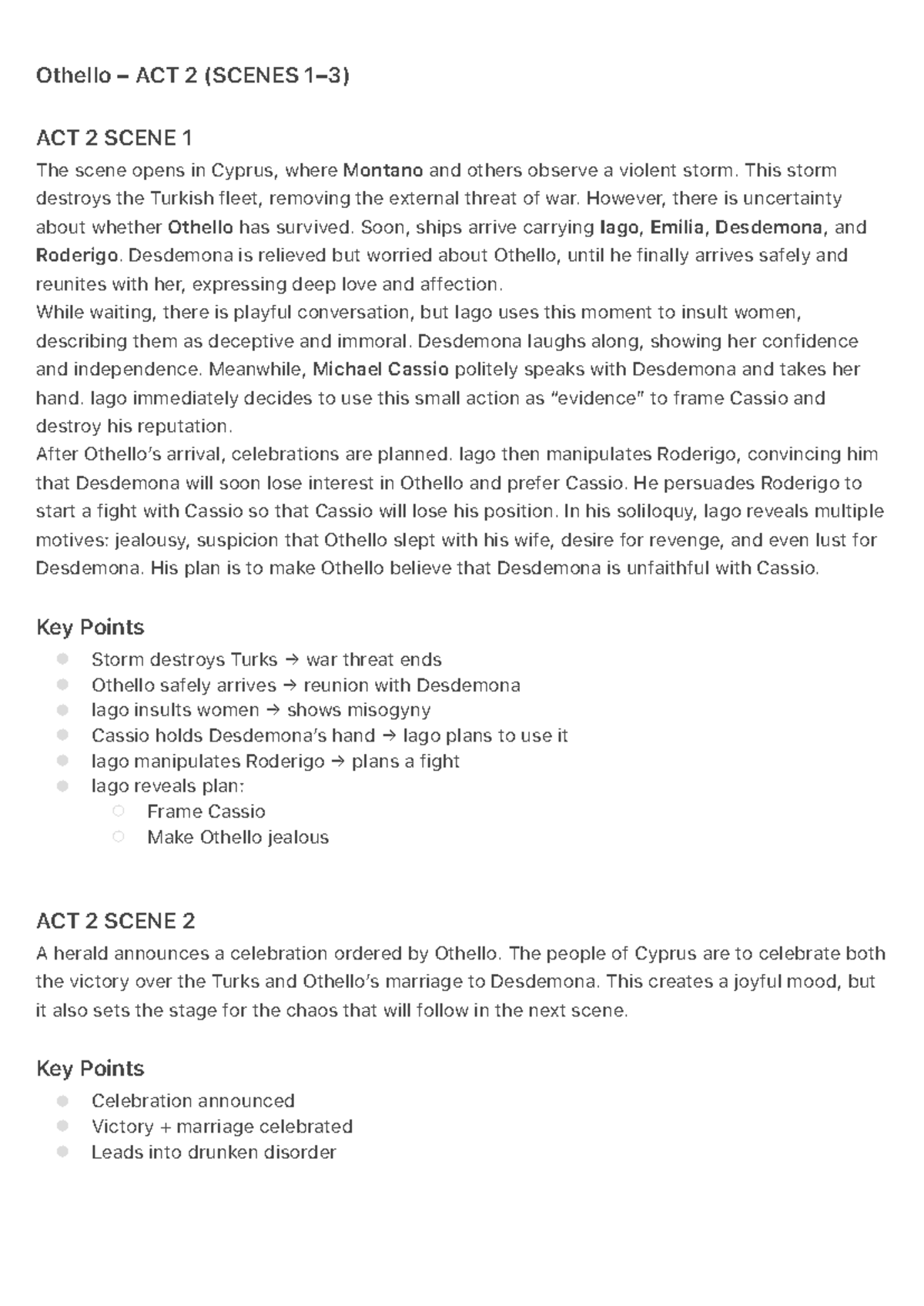 Othello – ACT 2 Summary (Scenes 1-3) Analysis and Key Points - Studocu