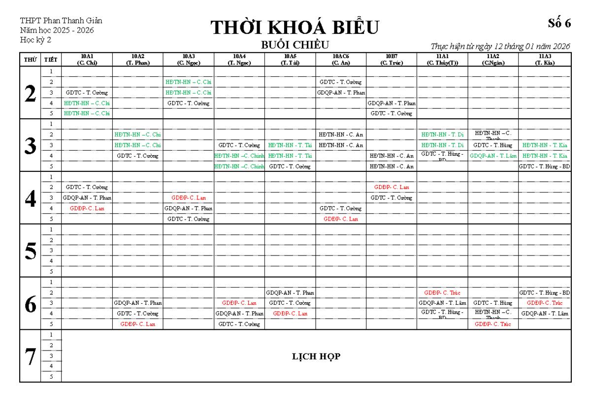 TKB SỐ 6 - LỚP CHIỀU - THPT Phan Thanh Giản Năm học 2025-2026 - Studocu