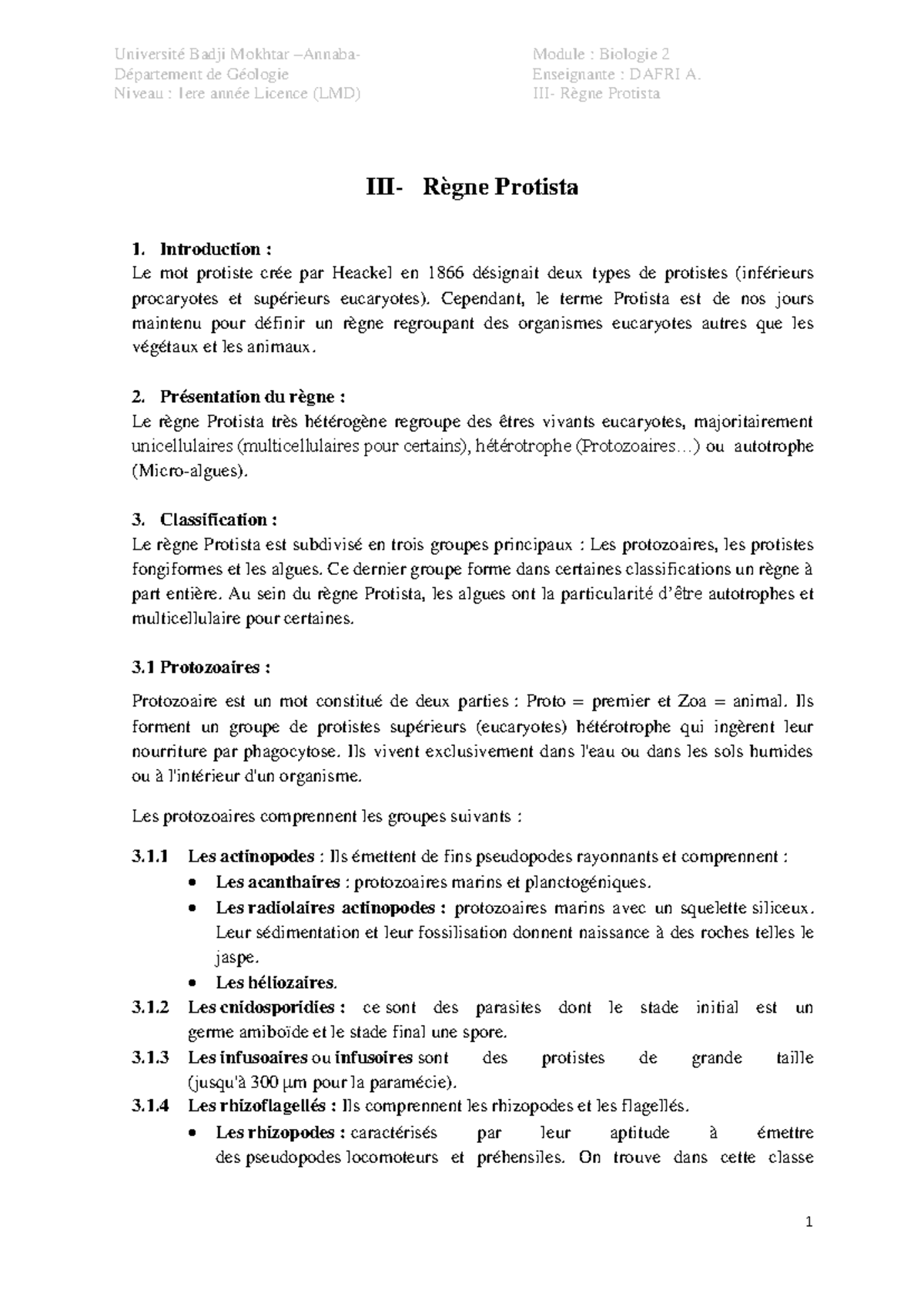 Règne Protista - Département de Géologie Enseignante : DAFRI A. Niveau ...