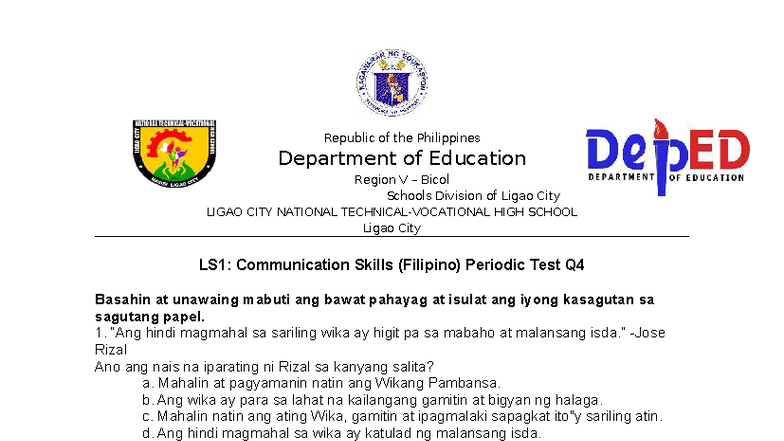 LS1: Communication Skills (Filipino) Q4 Periodic Test Questionnaire ...