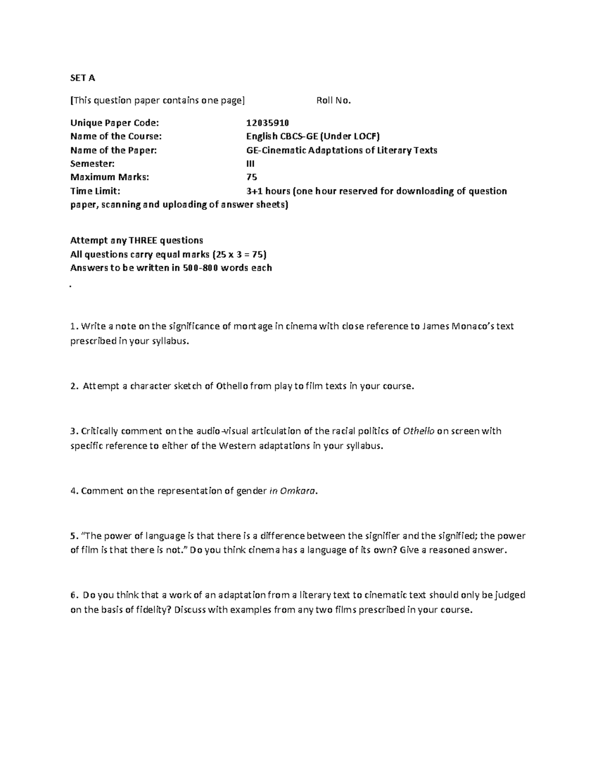 English (LOCF) SET A Question Paper - Adaptations of Literary Texts ...