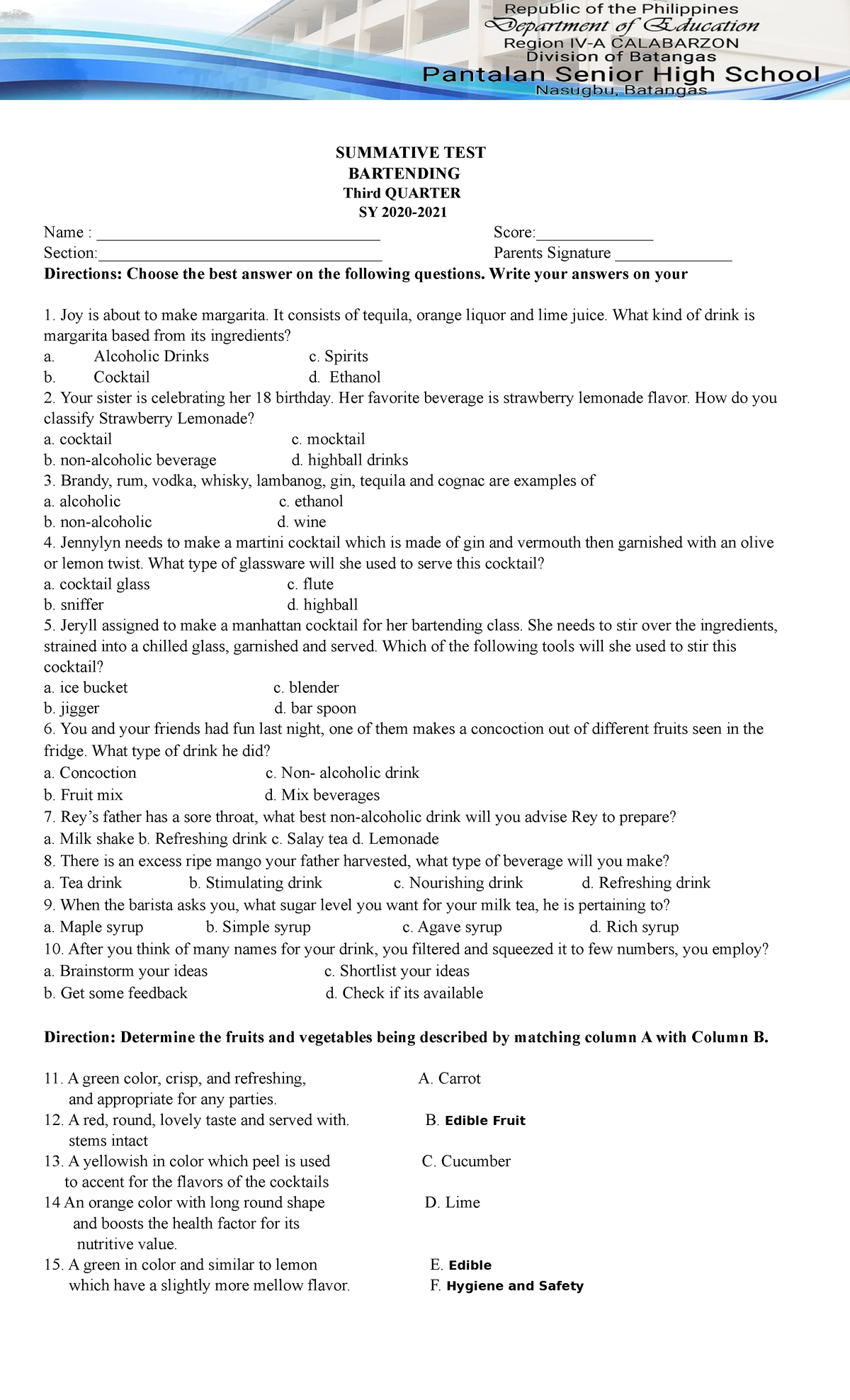 Summative TEST 3RD bartending - SUMMATIVE TEST BARTENDING Third QUARTER ...