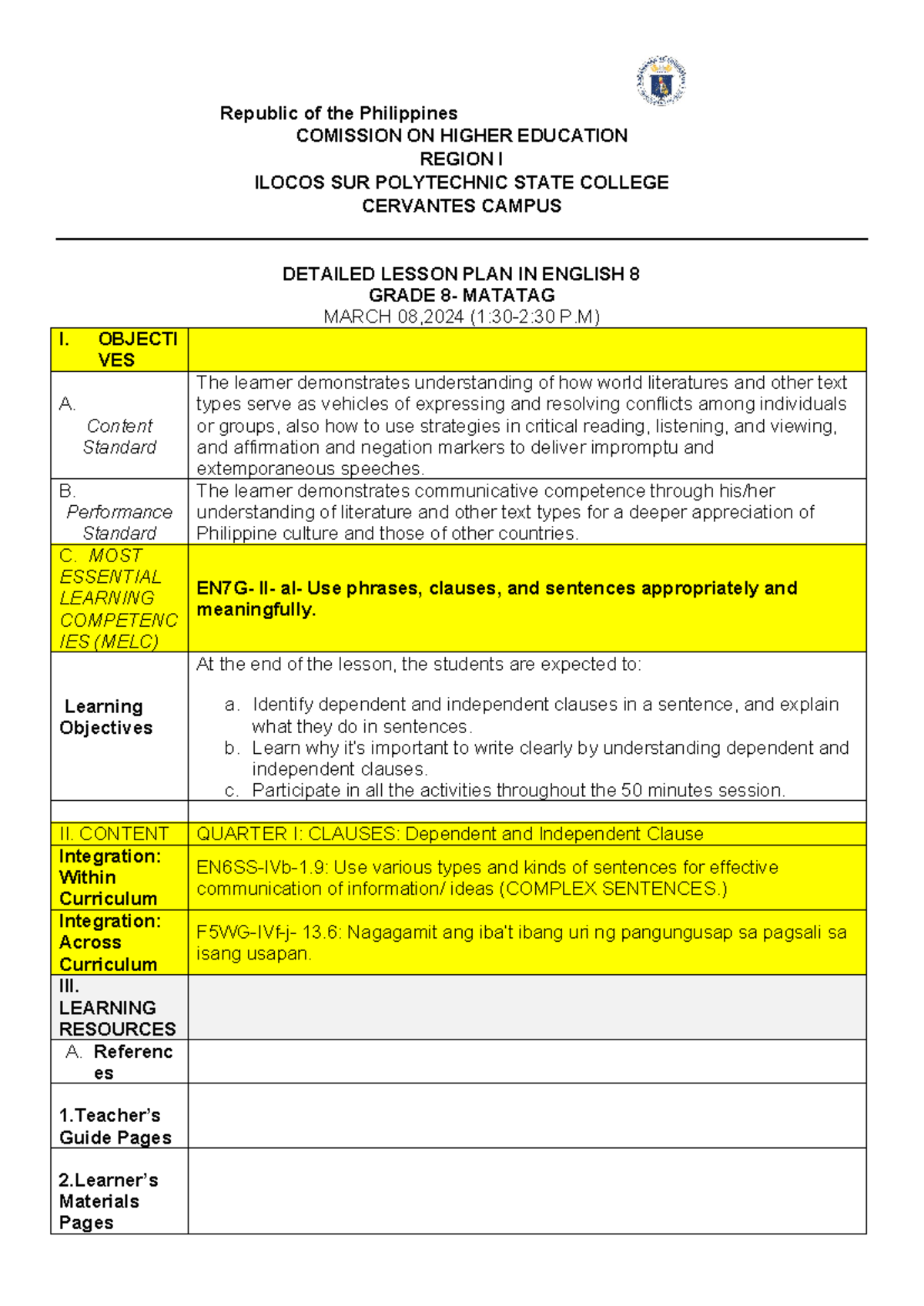 Detailed Lesson Plan for English 8 (MELC-2) on Clauses and Opinions ...