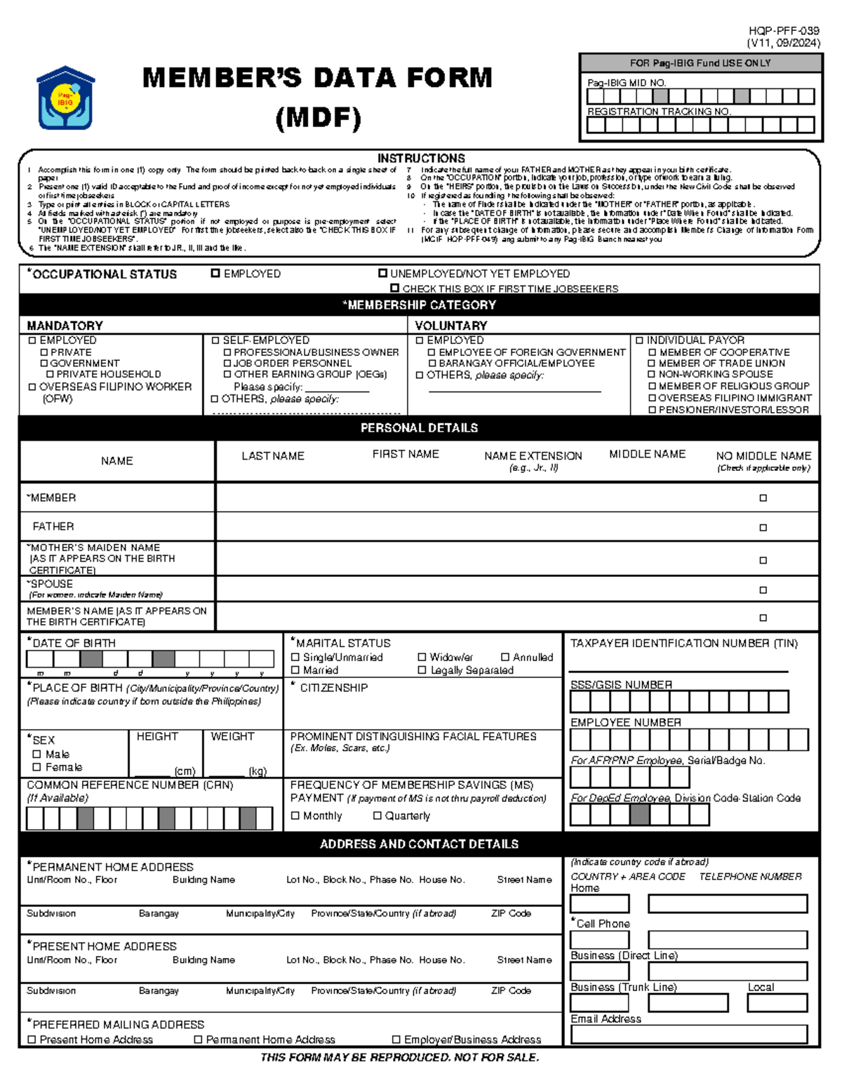 PFF039 Members Data Form V11 - MEMBER’S DATA FORM (MDF) FOR Pag-IBIG ...