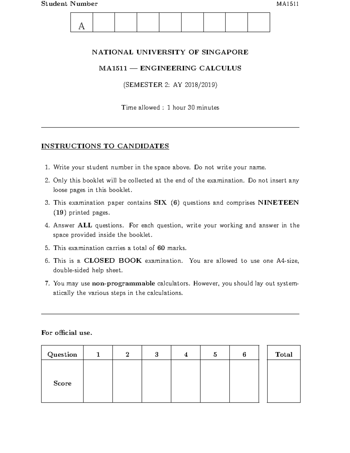 MA1511 Semester 2 Final Exam Papers - Engineering Calculus 1819 - Studocu