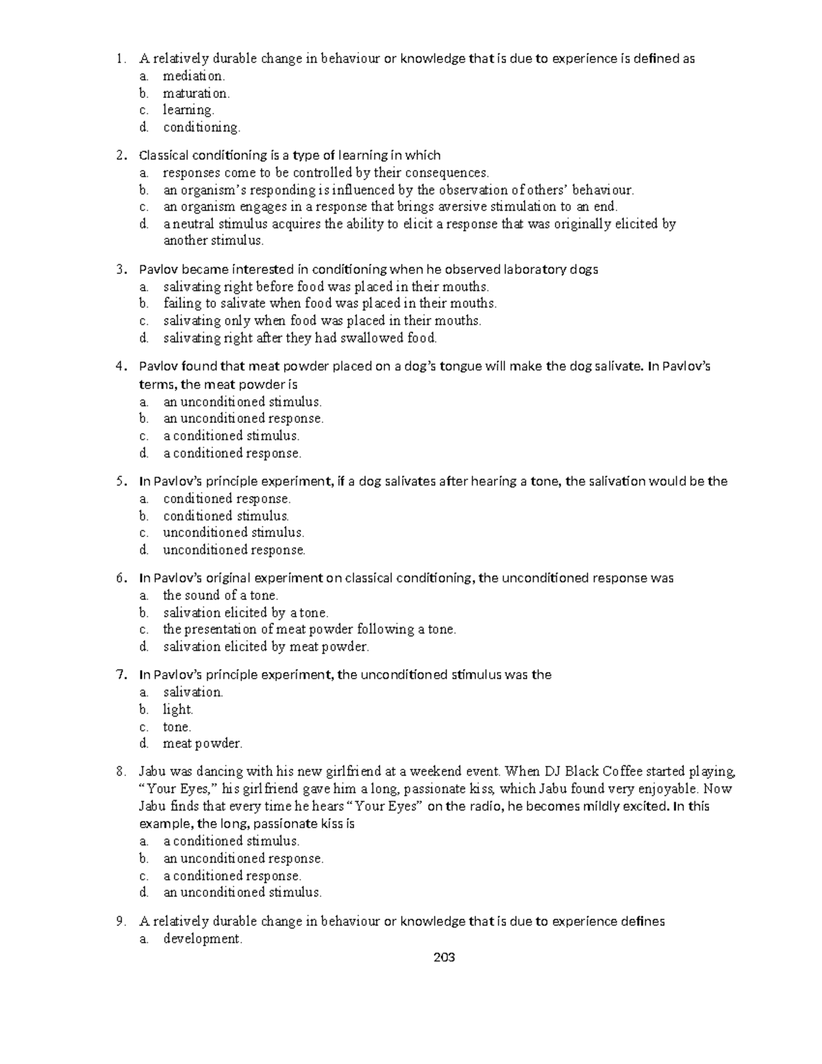 Quiz Practice on Classical Conditioning (PSY101) - Studocu
