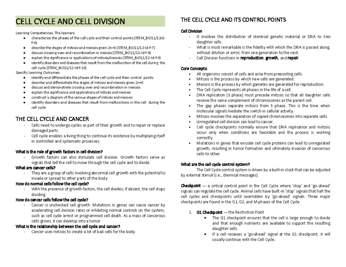 Understanding the Cell Cycle and Division: STEM_BIO11/12 Notes - Studocu