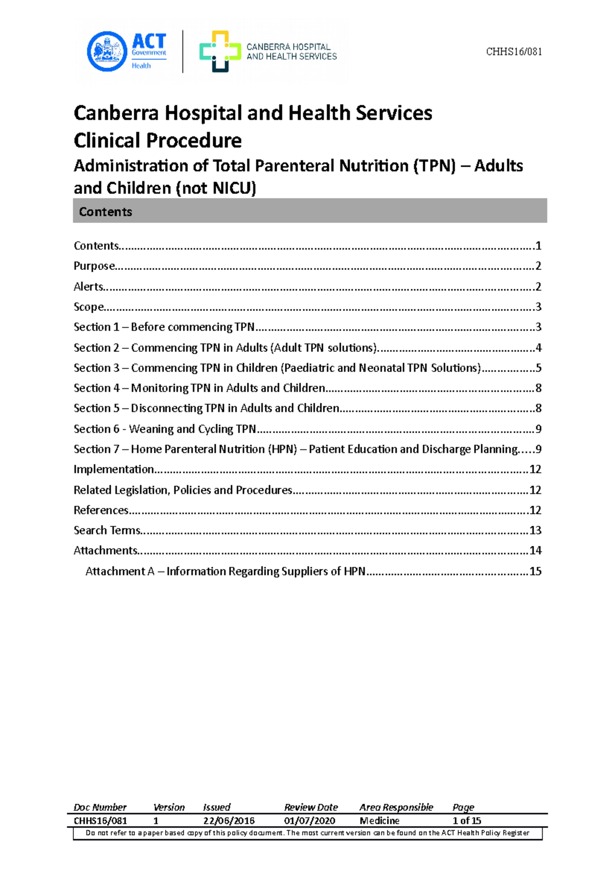 Administration of Total Parenteral Nutrition (TPN) – Adults and ...