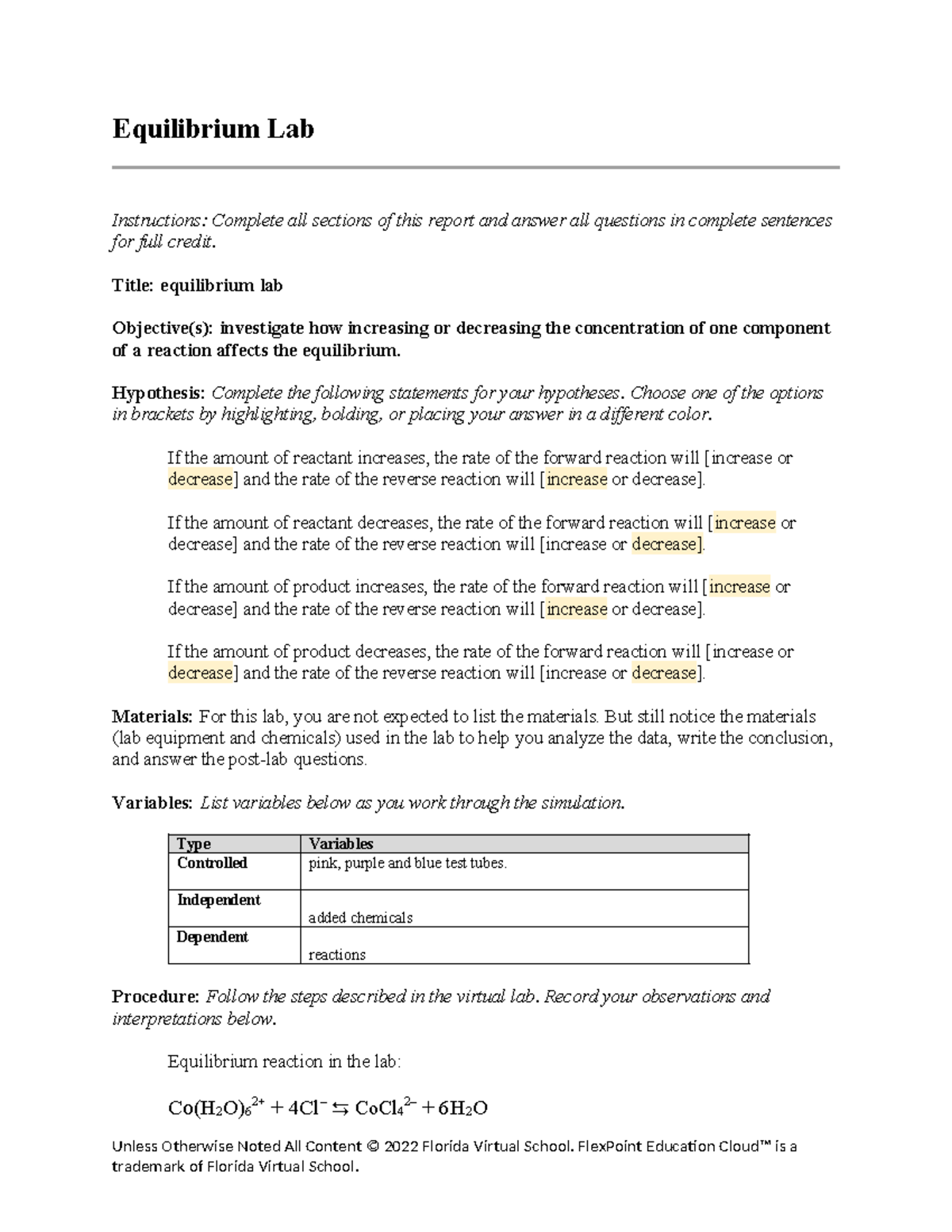Lab Report: Understanding Chemical Equilibrium in Virtual Experiments ...