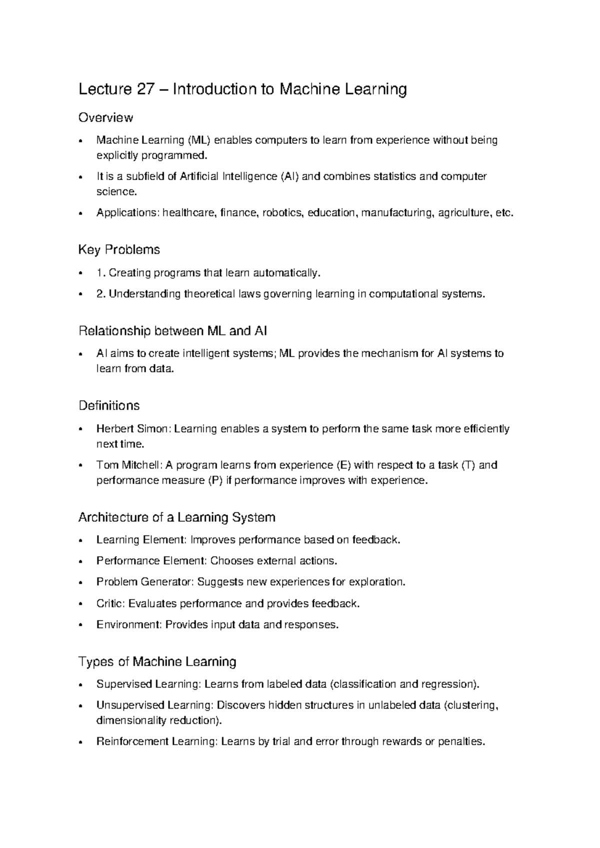Lecture Summaries on Machine Learning (ML) Concepts and Techniques ...
